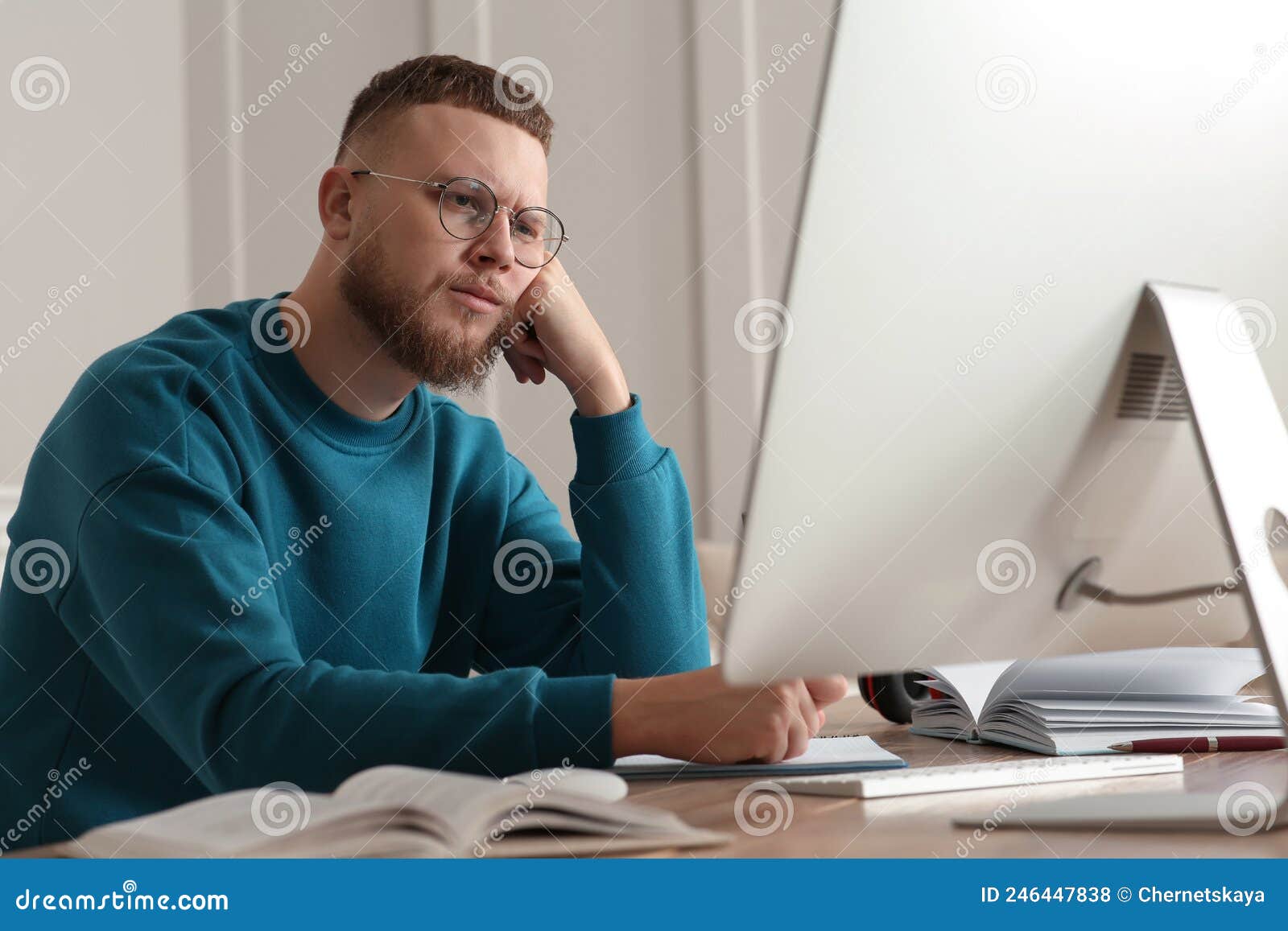 Online Test. Man Studying with Computer at Home Stock Photo - Image of ...