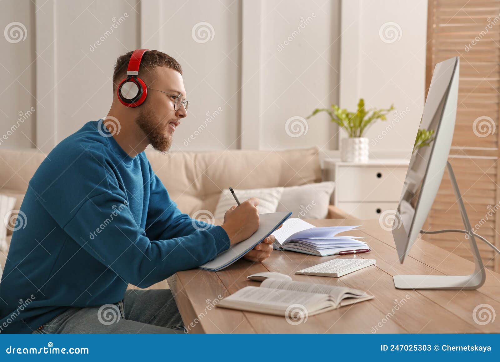 Online Test. Man Studying with Computer at Home Stock Image - Image of ...