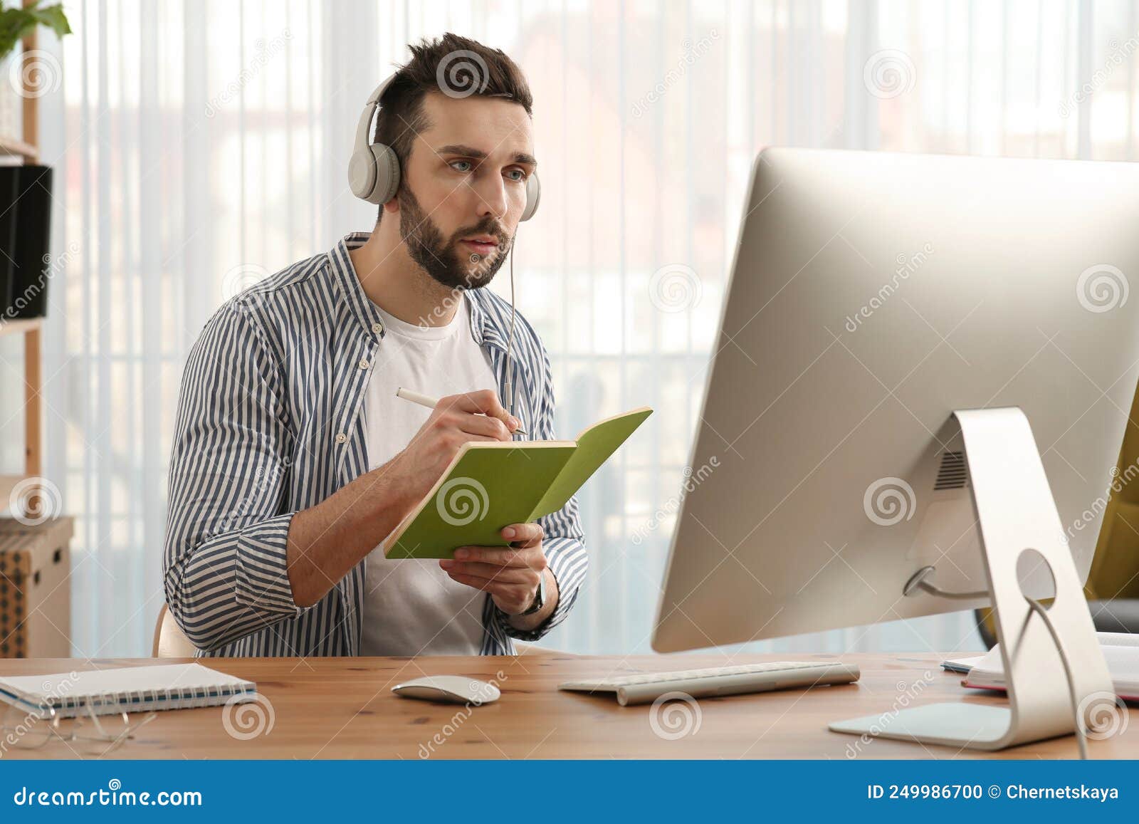 Online Test. Man Studying with Computer at Home Stock Photo - Image of ...