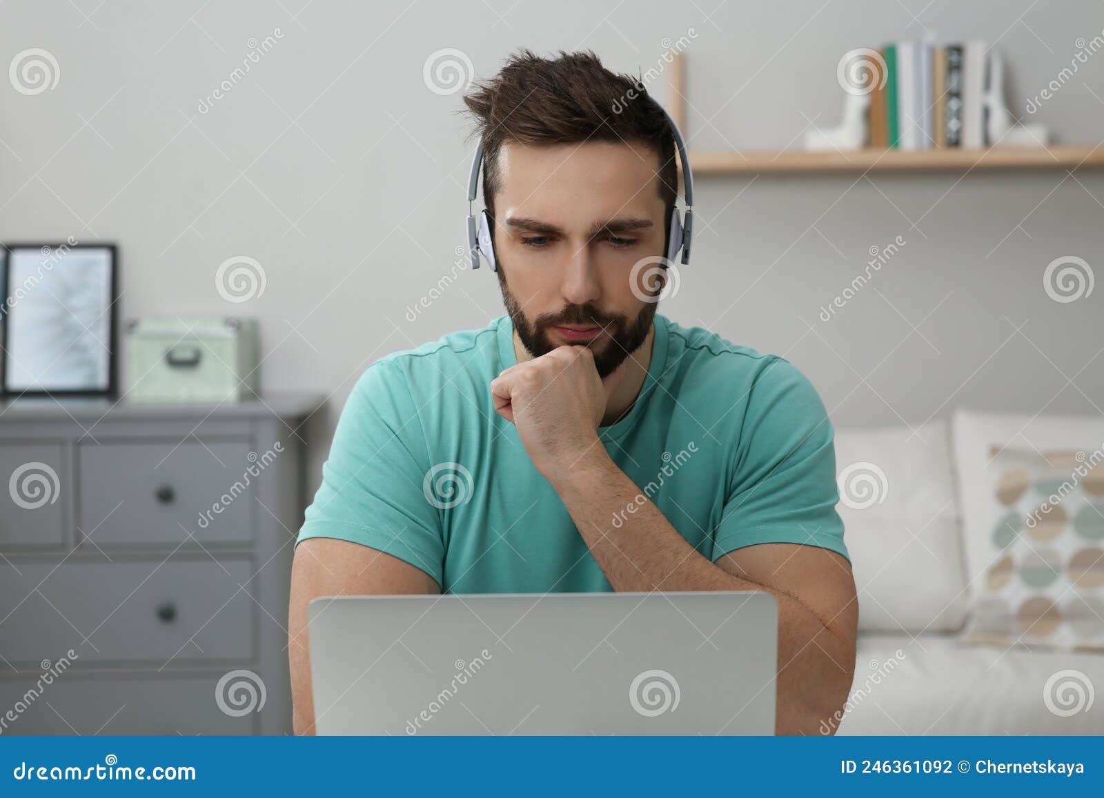 Online Test. Man Studying with Laptop at Home Stock Photo - Image of ...