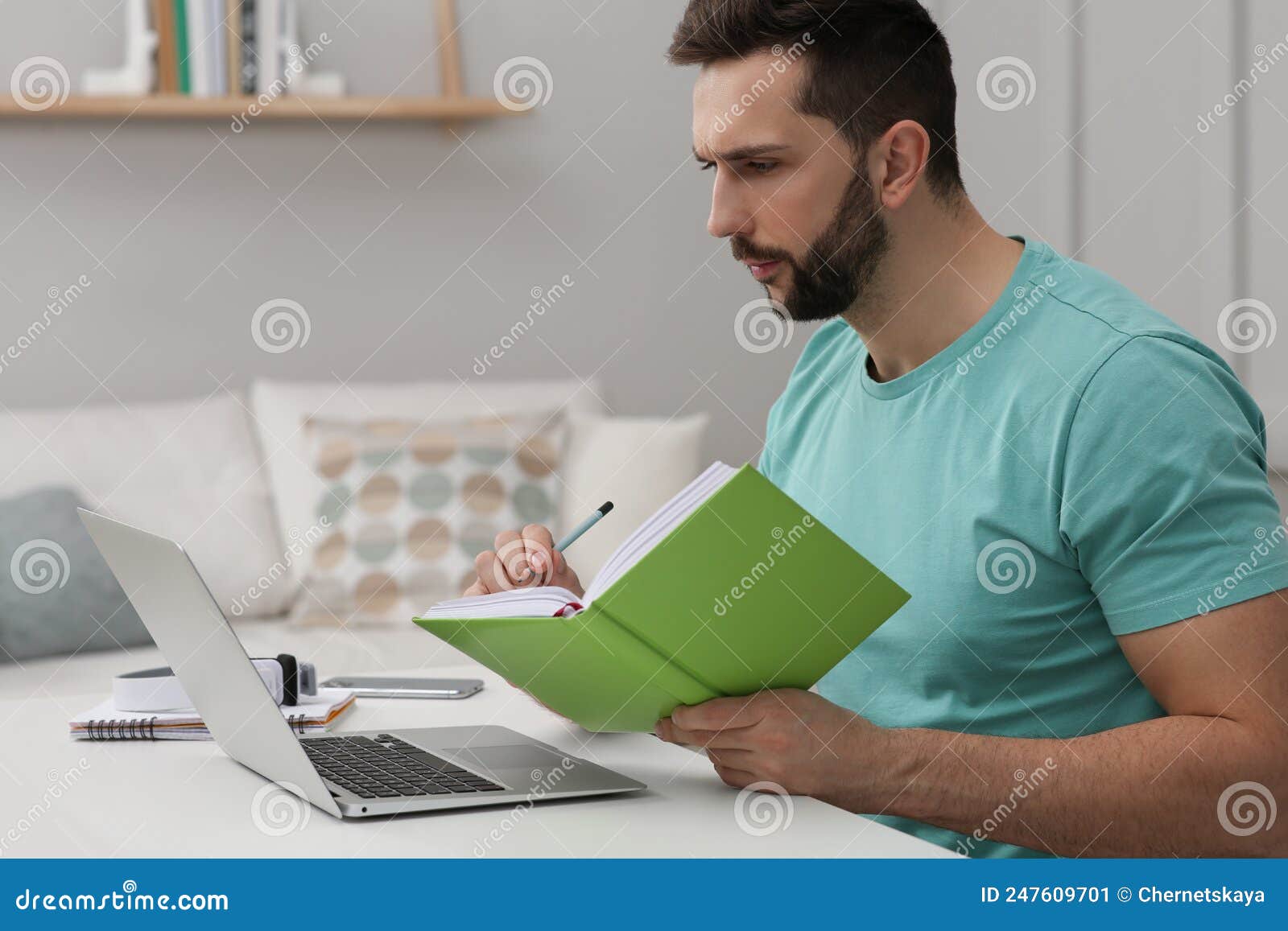 Online Test. Man Studying with Laptop at Home Stock Image - Image of ...