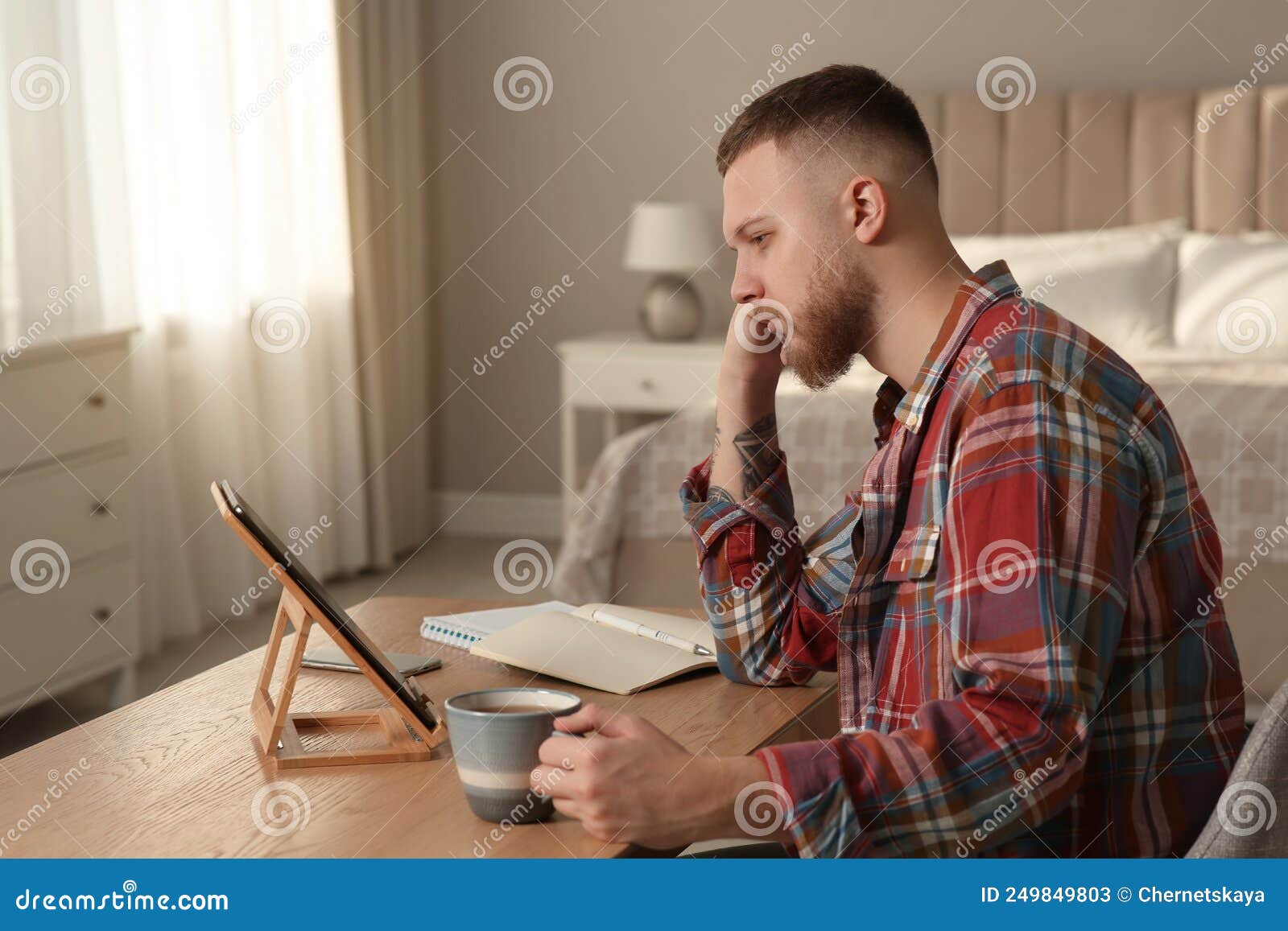 Online Test. Man Studying with Tablet at Home Stock Image - Image of ...