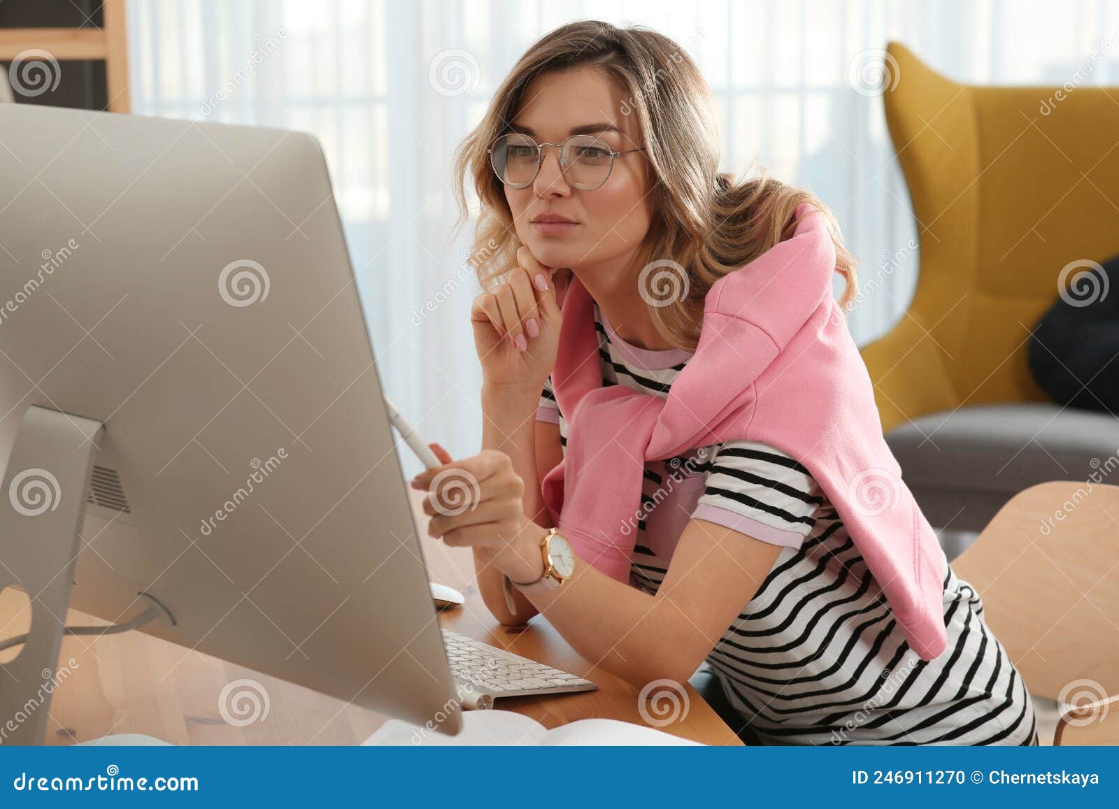 Online Test. Woman Studying with Computer at Home Stock Photo - Image ...