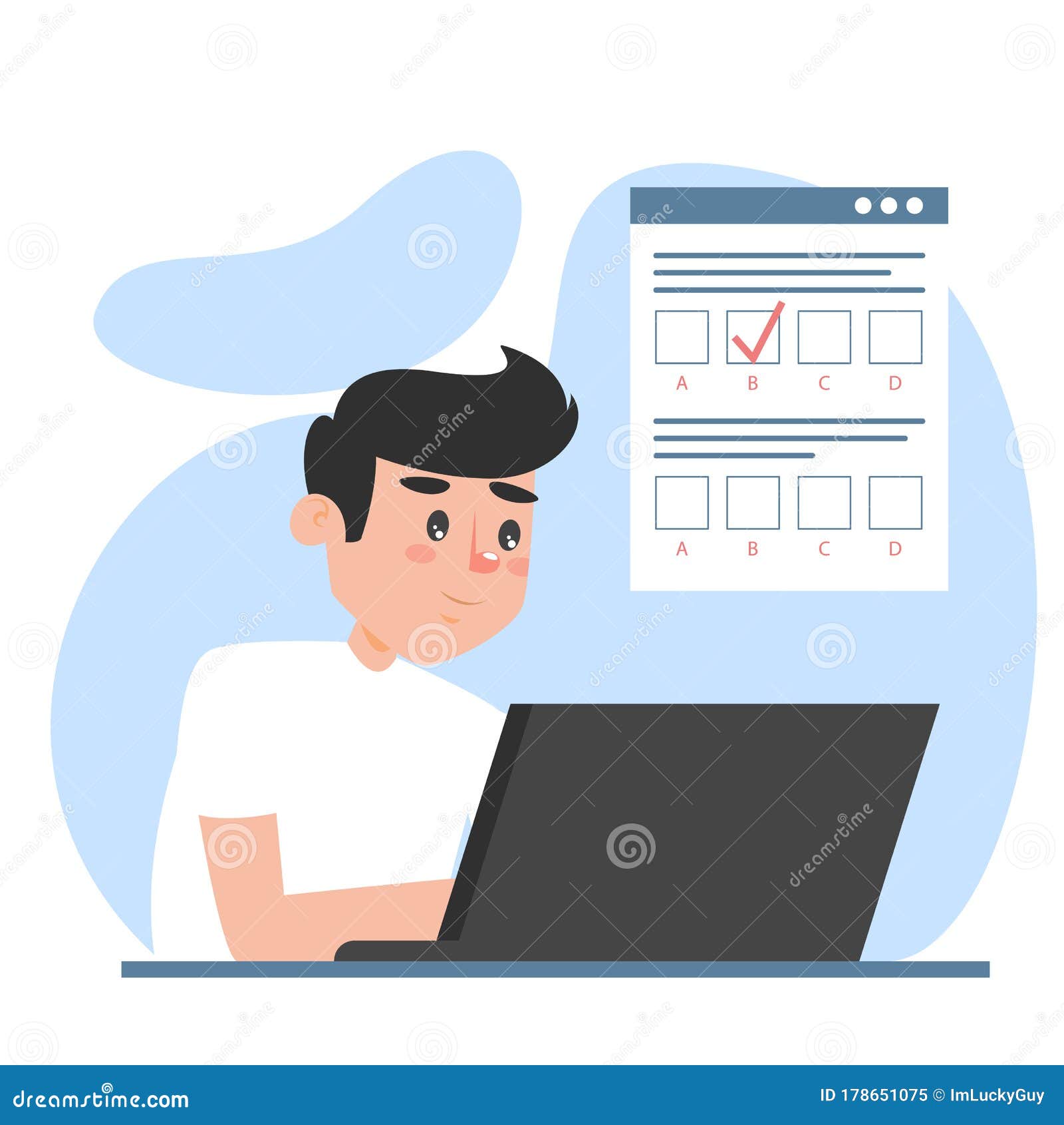 Online Testing Vector Isolated. Man Studying on Laptop Stock ...