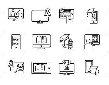 Online Training Vector Illustration Icon Collection Set. Distance ...
