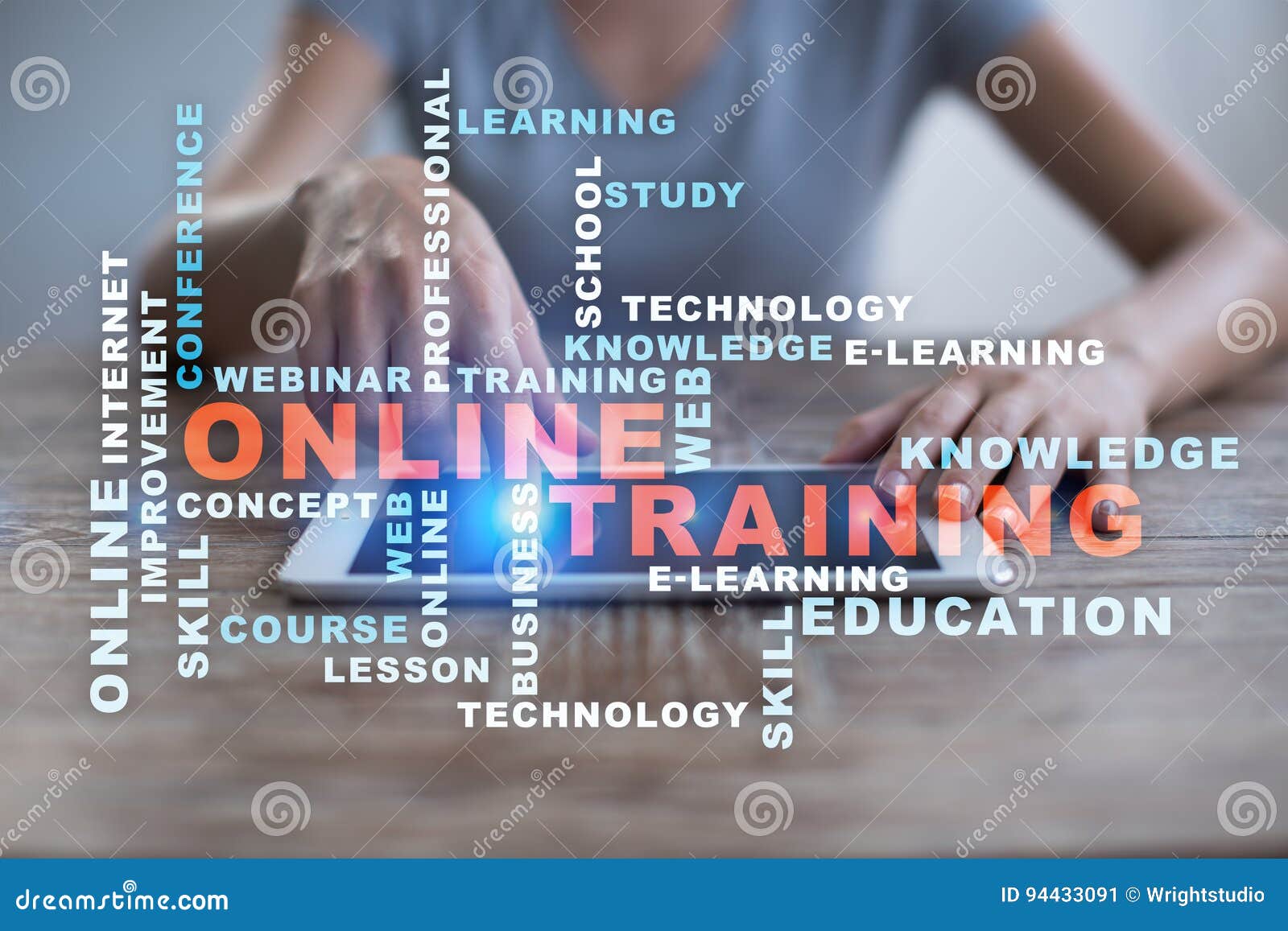 Online Training on the Virtual Screen. Education Concept. Words Cloud ...