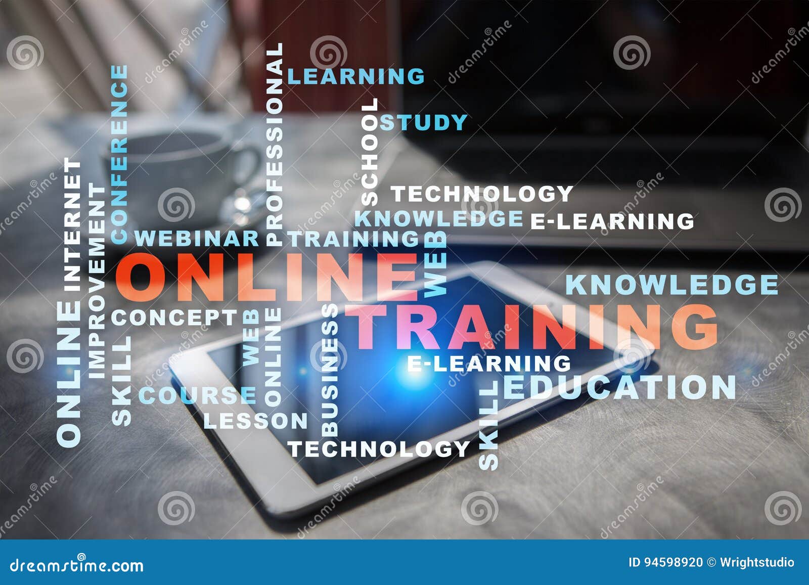 Online Training on the Virtual Screen. Education Concept. Words Cloud ...
