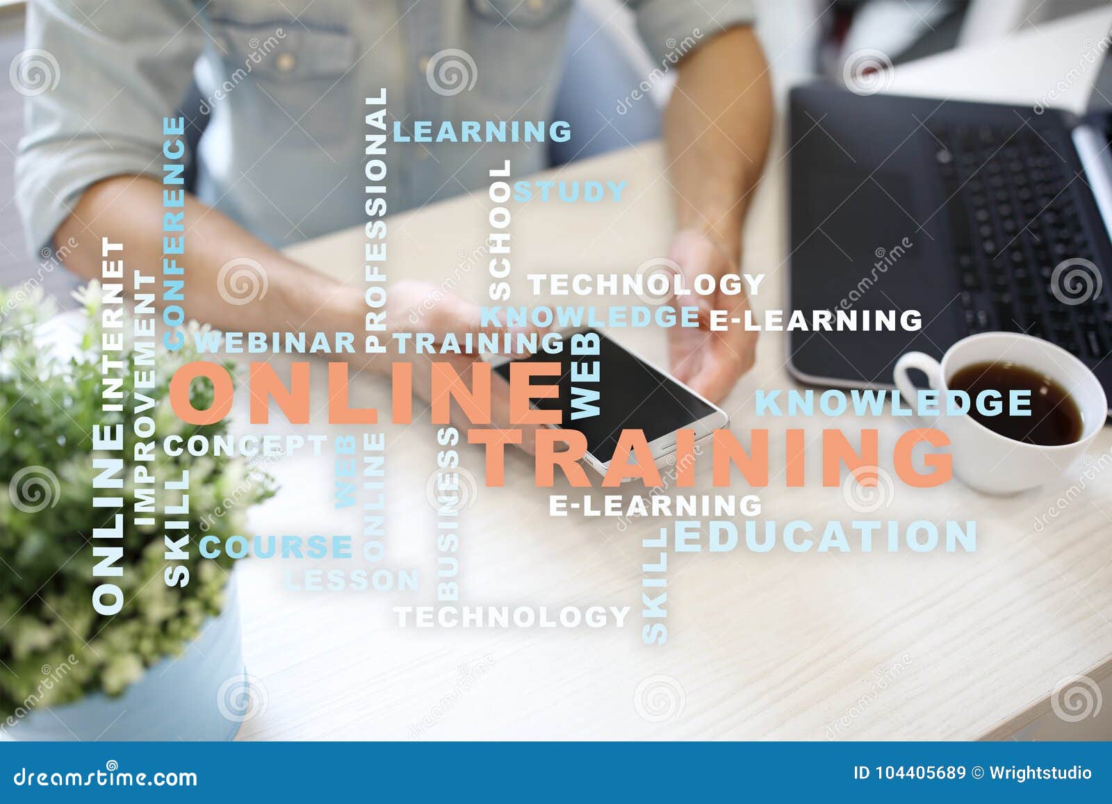 Online Training on the Virtual Screen. Education Concept. Words Cloud ...