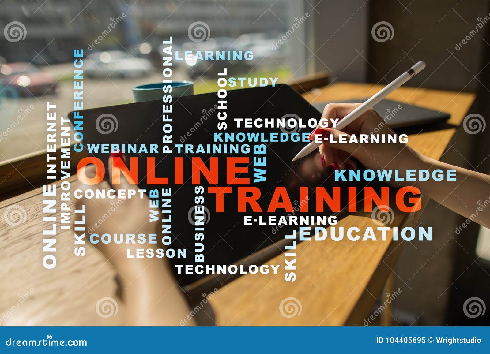 Online Training on the Virtual Screen. Education Concept. Words Cloud ...