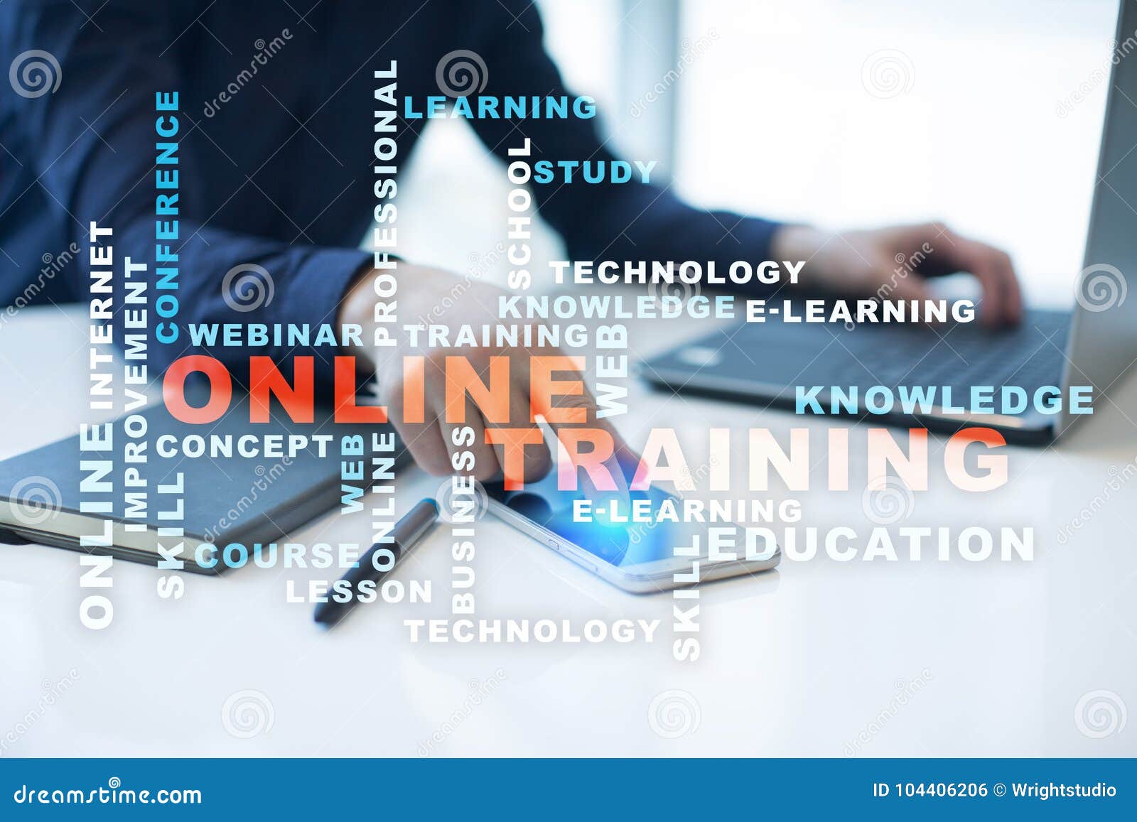 Online Training on the Virtual Screen. Education Concept. Words Cloud ...