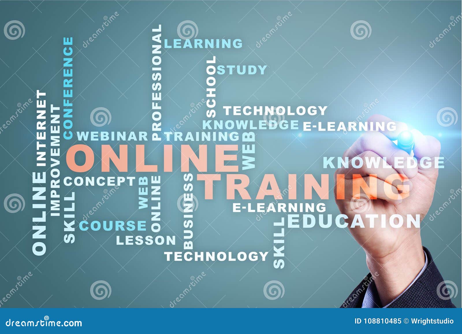 Online Training on the Virtual Screen. Education Concept. Words Cloud ...