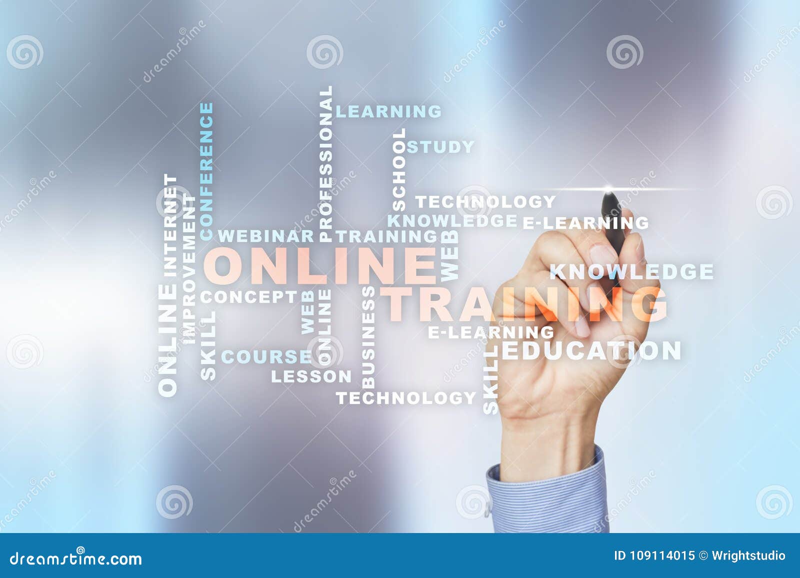 Online Training on the Virtual Screen. Education Concept. Words Cloud ...