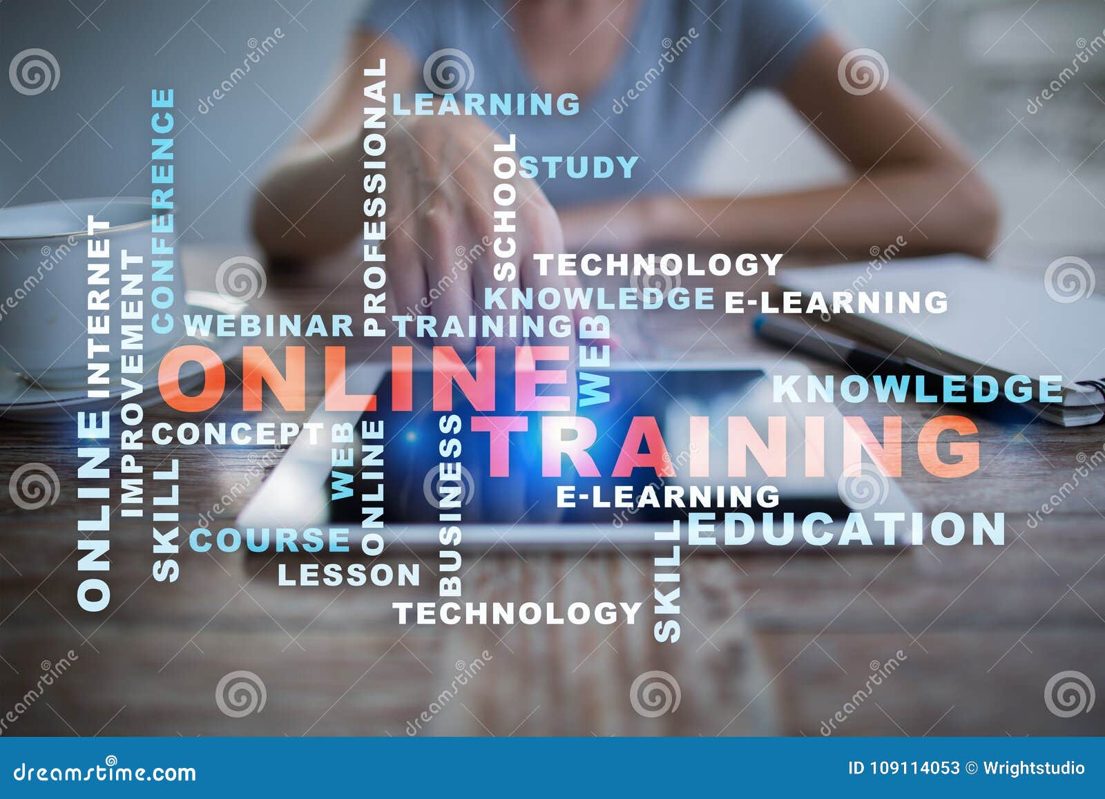 Online Training on the Virtual Screen. Education Concept. Words Cloud ...