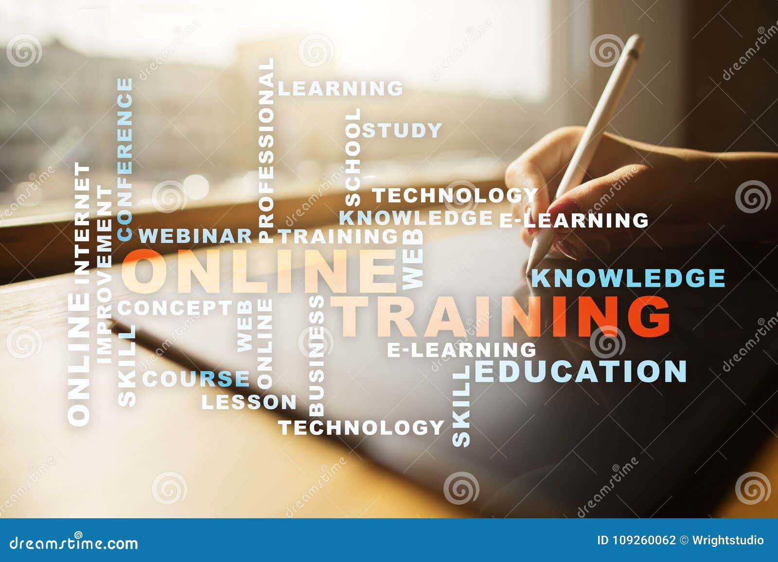 Online Training on the Virtual Screen. Education Concept. Words Cloud ...