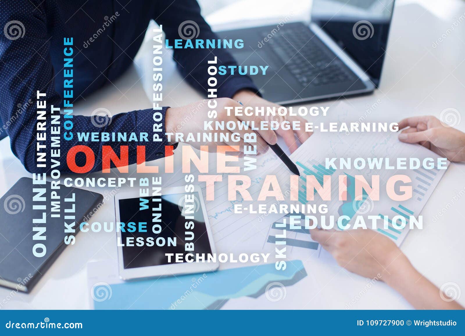 Online Training on the Virtual Screen. Education Concept. Words Cloud ...