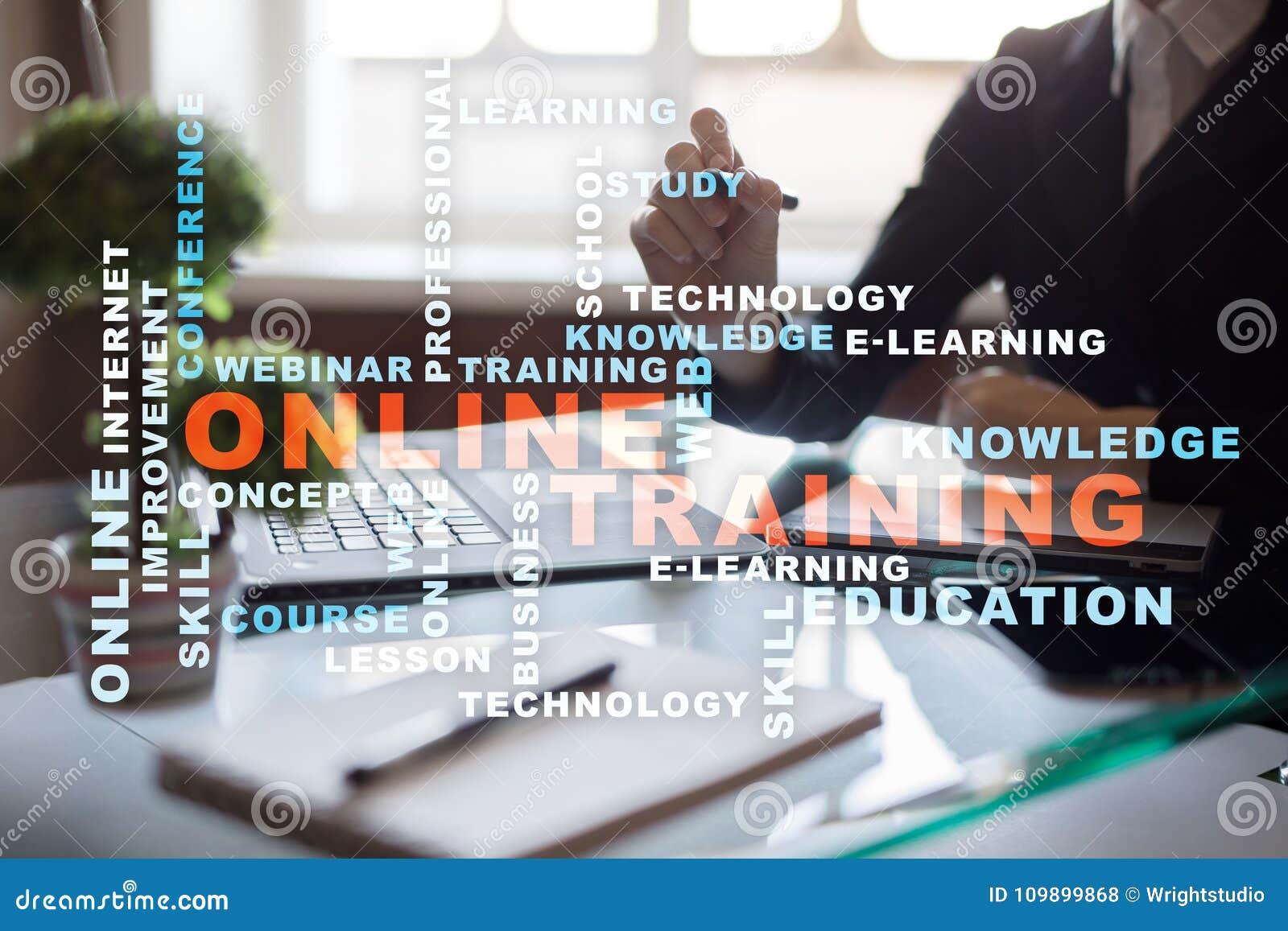 Online Training on the Virtual Screen. Education Concept. Words Cloud ...