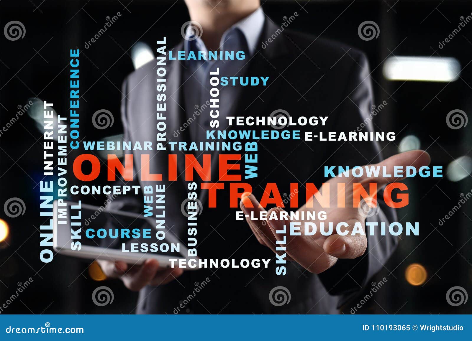 Online Training on the Virtual Screen. Education Concept. Words Cloud ...