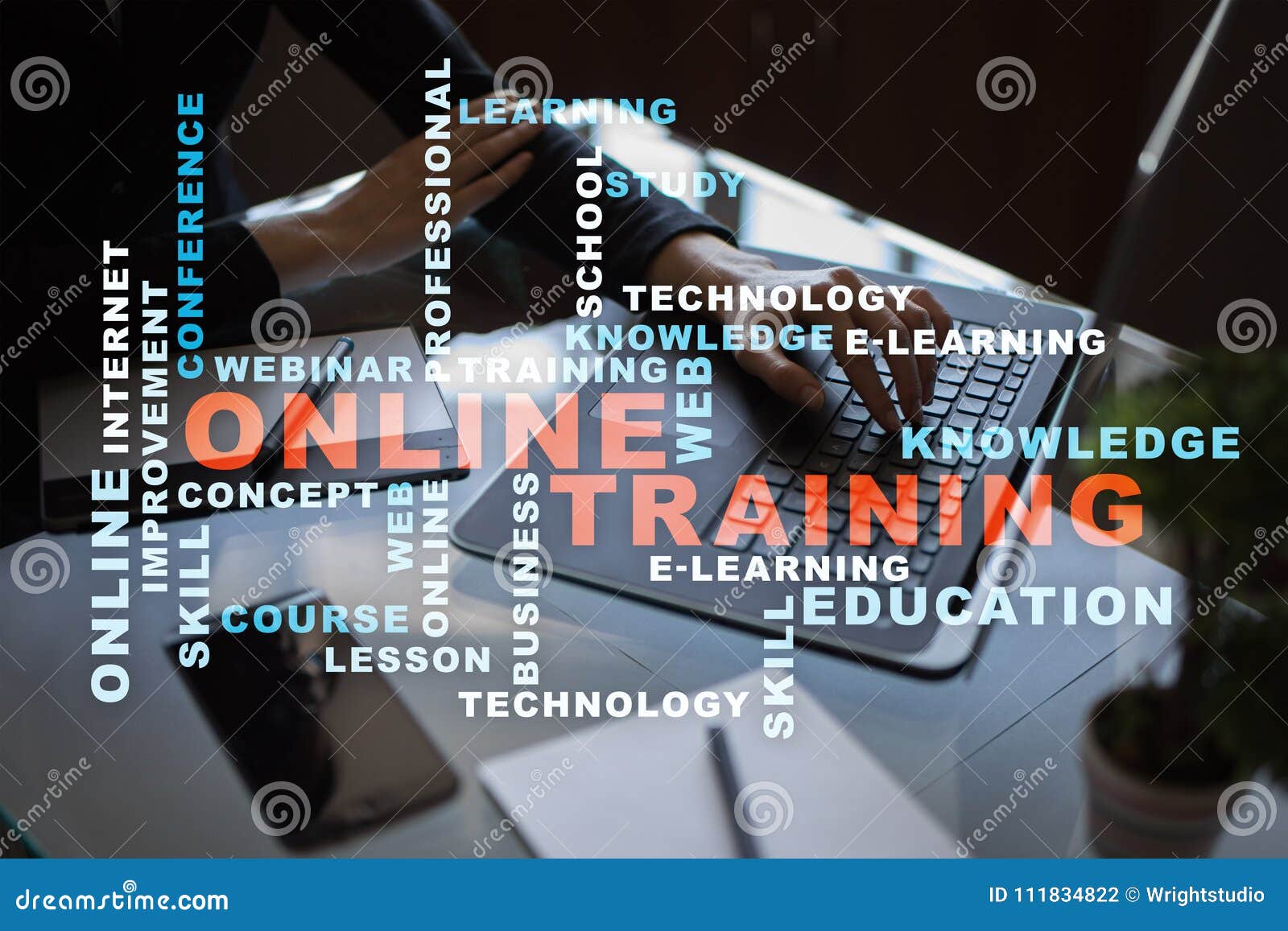 Online Training on the Virtual Screen. Education Concept. Words Cloud ...