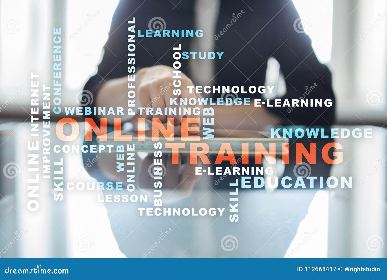Online Training on the Virtual Screen. Education Concept. Words Cloud ...