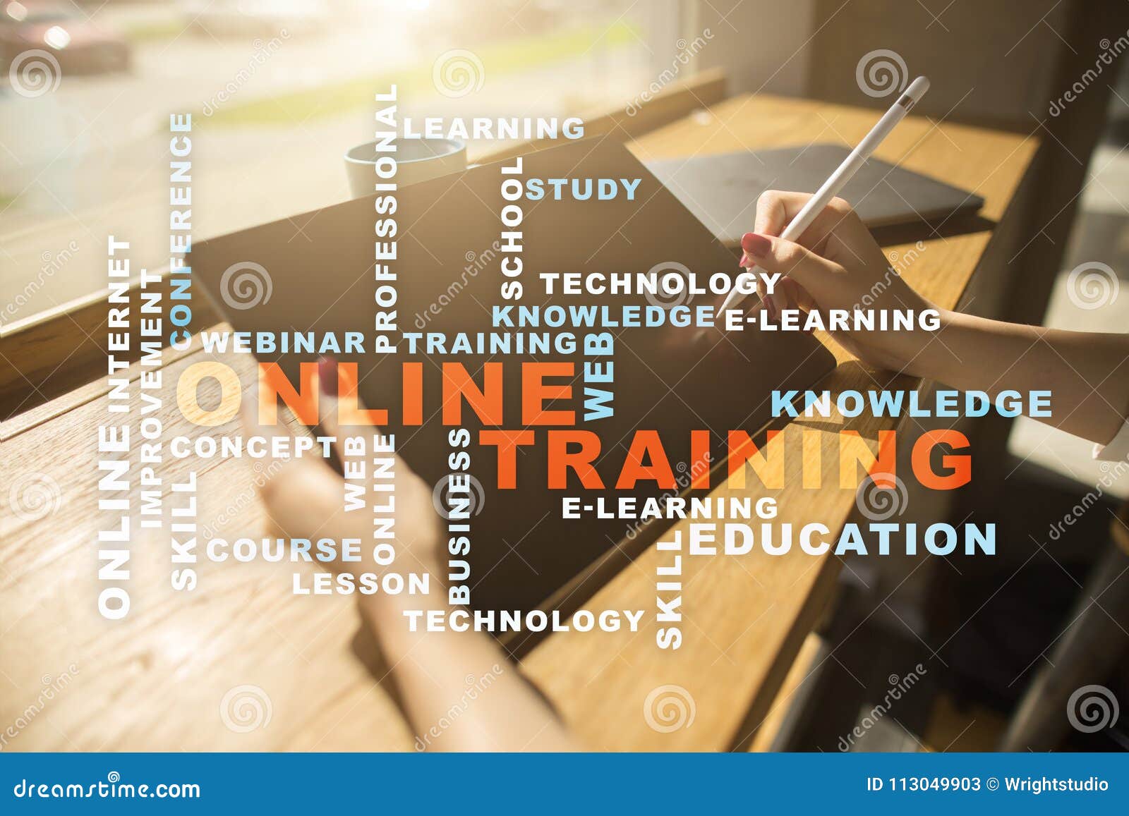Online Training on the Virtual Screen. Education Concept. Words Cloud ...