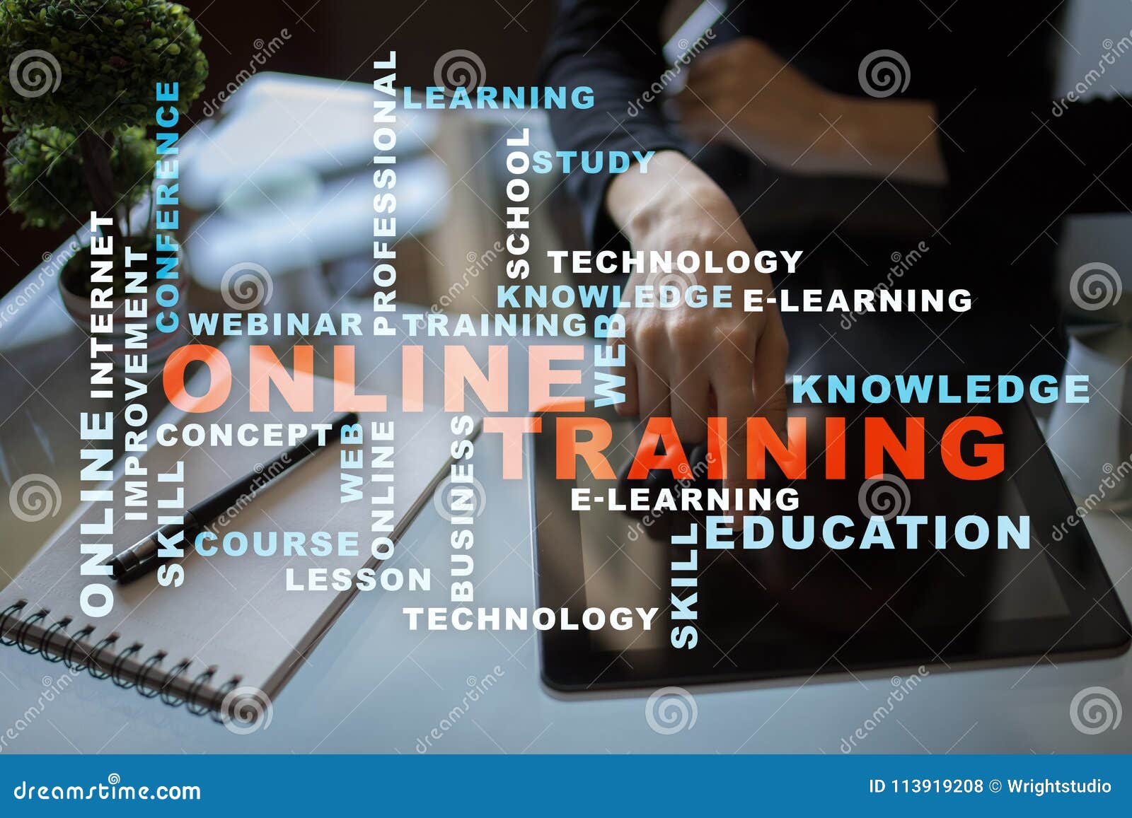 Online Training on the Virtual Screen. Education Concept. Words Cloud ...