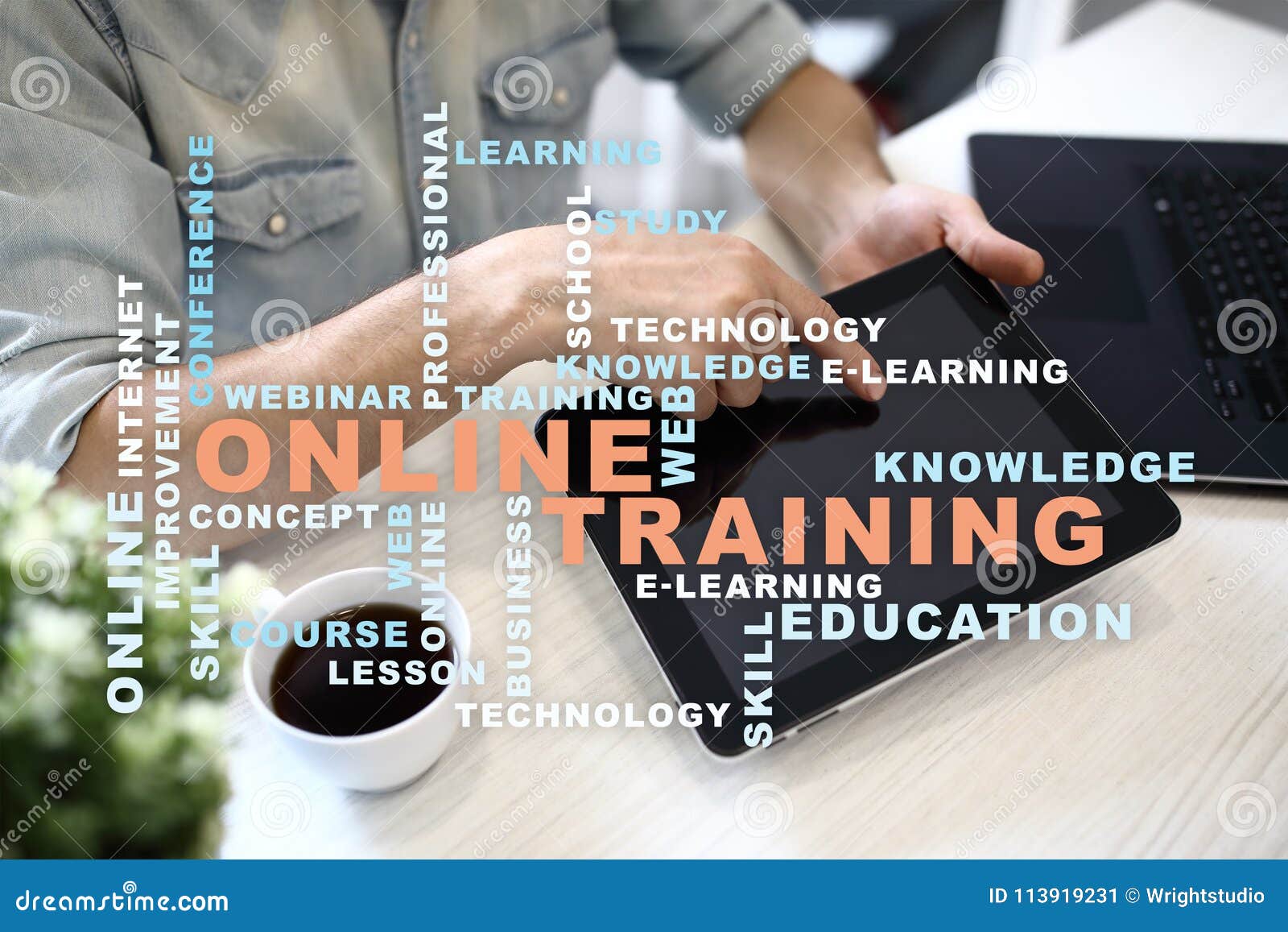 Online Training on the Virtual Screen. Education Concept. Words Cloud ...