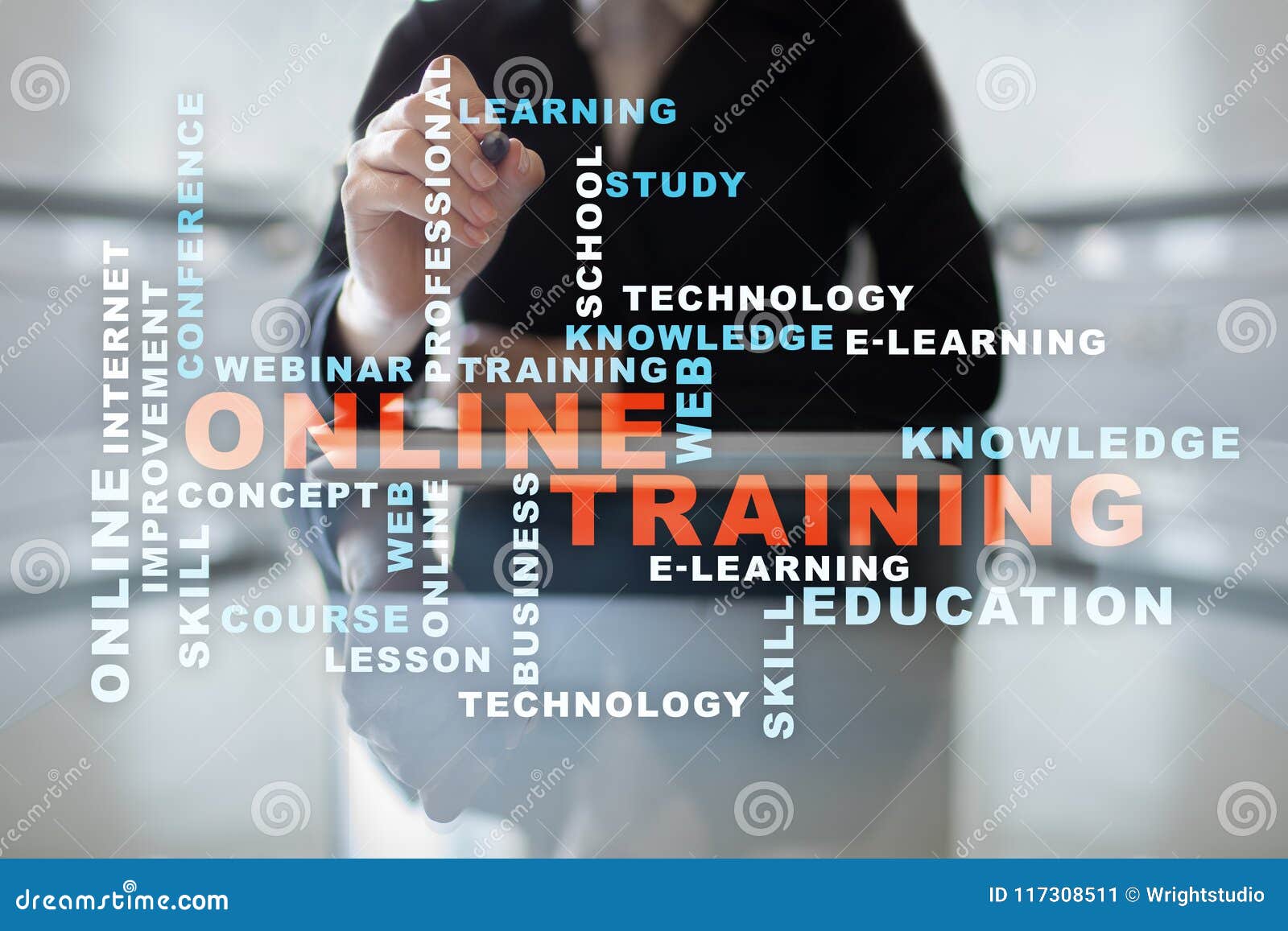 Online Training on the Virtual Screen. Education Concept. Words Cloud ...