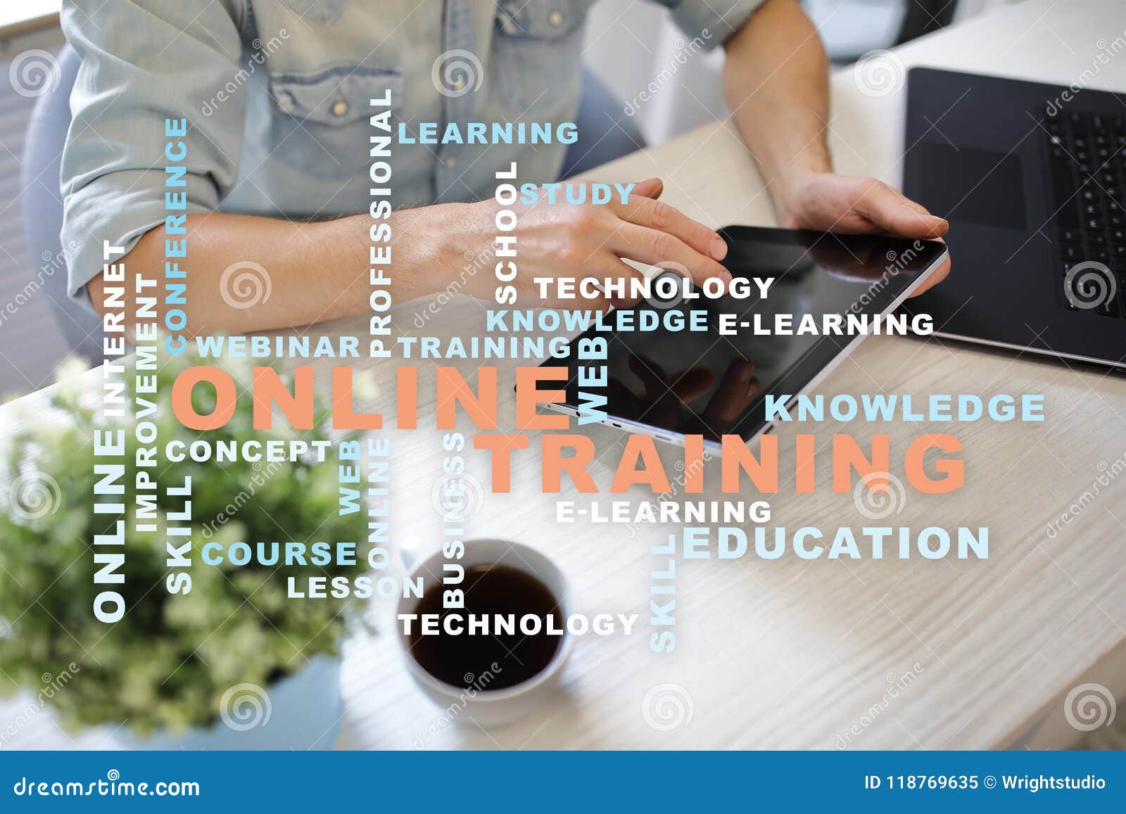 Online Training on the Virtual Screen. Education Concept. Words Cloud ...