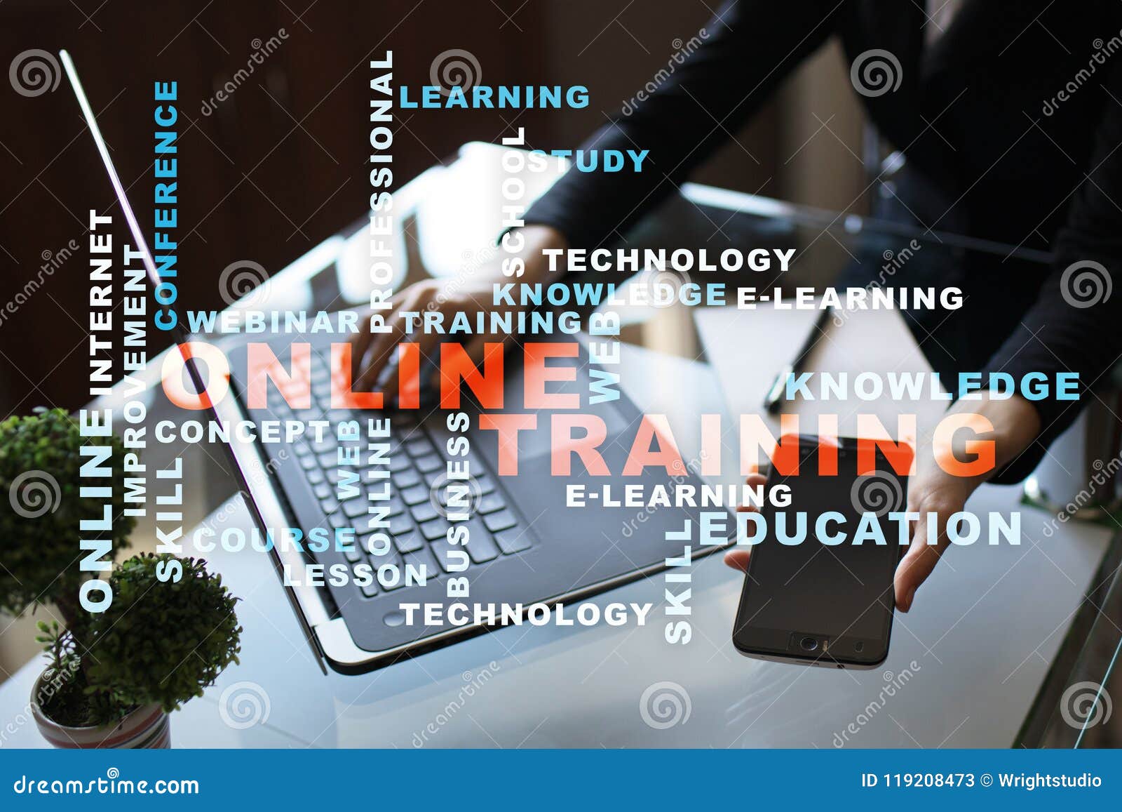 Online Training on the Virtual Screen. Education Concept. Words Cloud ...