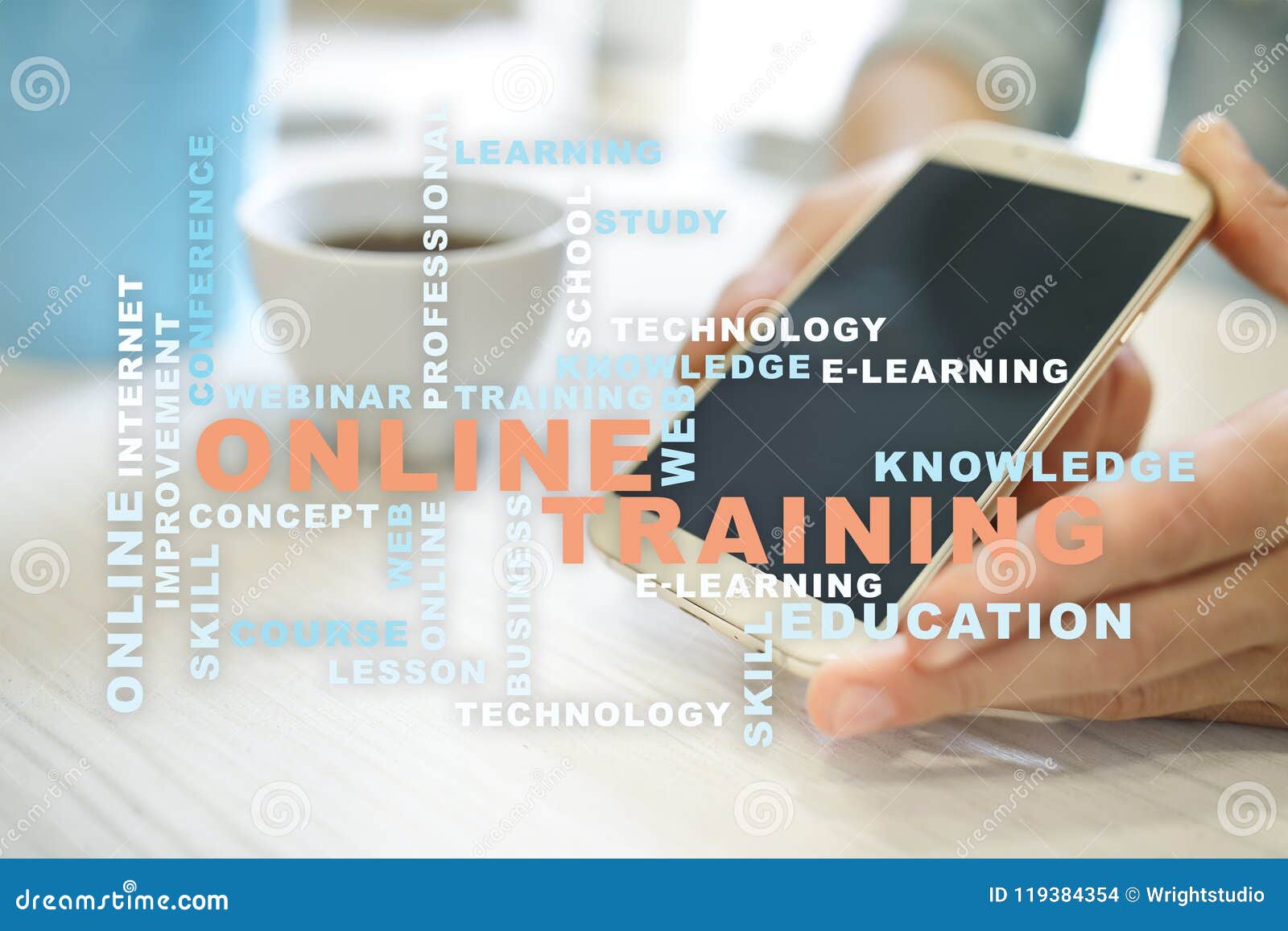 Online Training on the Virtual Screen. Education Concept. Words Cloud ...