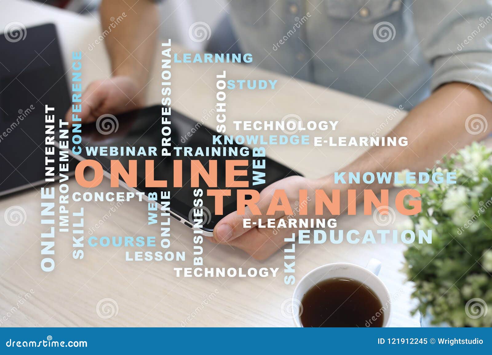 Online Training on the Virtual Screen. Education Concept. Words Cloud ...
