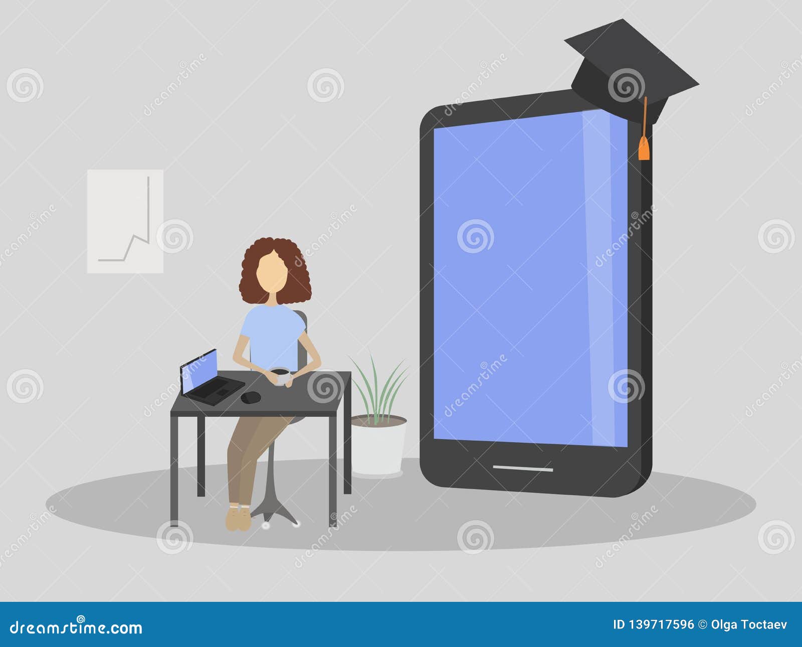 Online Training, Workshops and Courses Visualization Flat 3d. Small Girl Works at the Computer ...