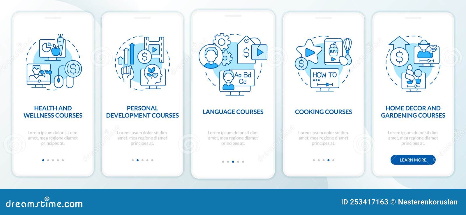 Online Tutorials Ideas Blue Onboarding Mobile App Screen Stock Vector