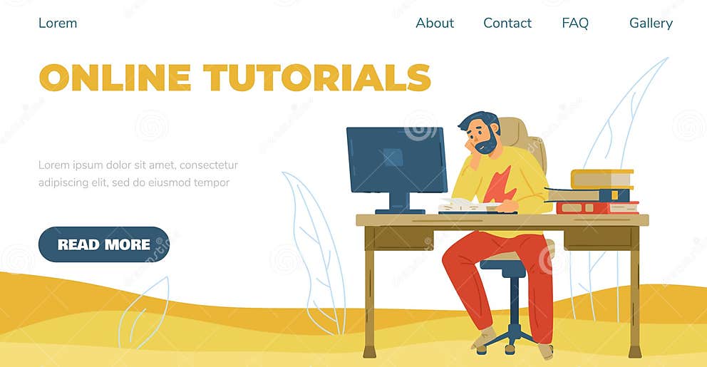 Online Tutorials Website with Man in Learning Process, Flat Vector ...