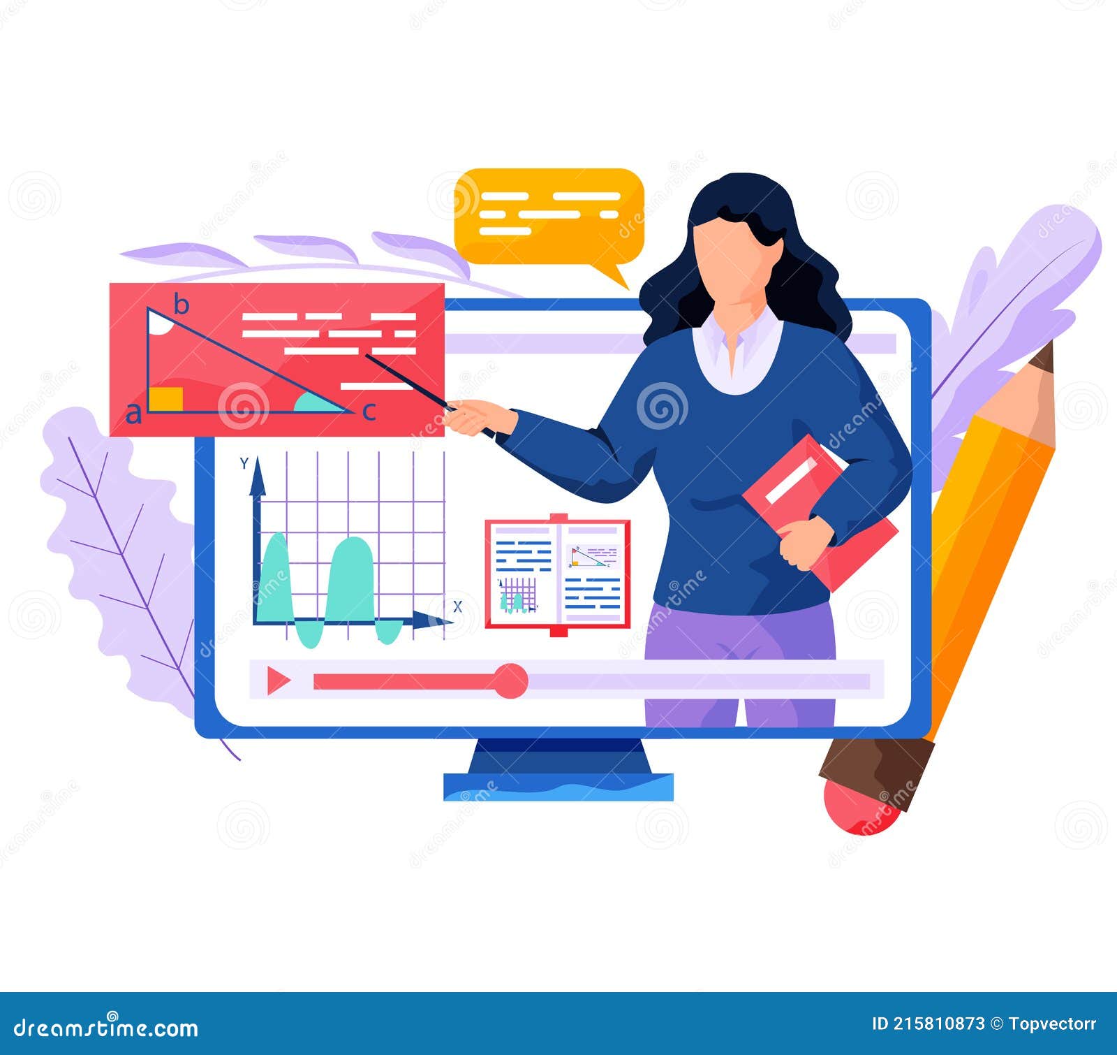 Online Video Geometry Lesson Learning. Girl, Teacher on Computer Screen ...