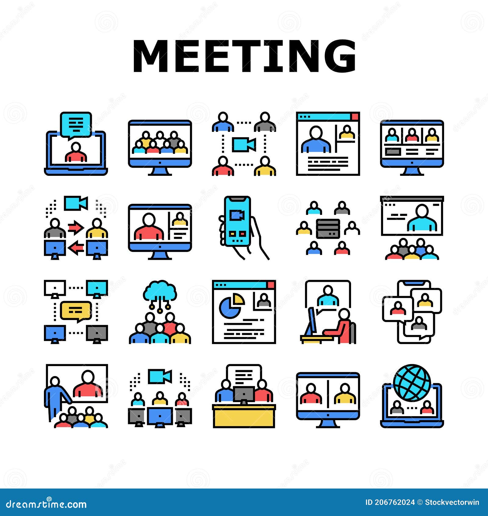 Online Video Meeting Collection Icons Set Vector Stock Illustration ...