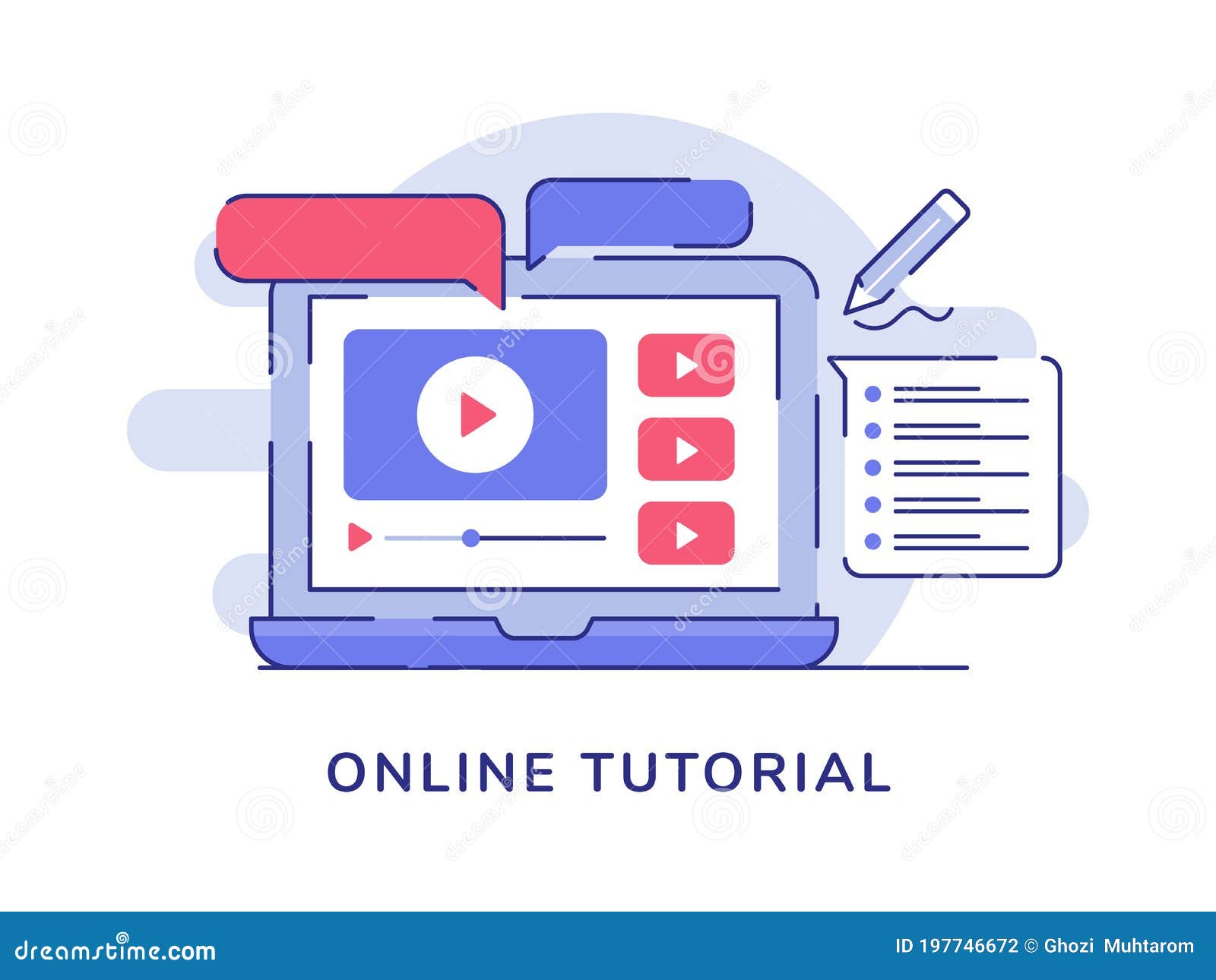 Online Video Tutorial Concept with Laptop and Player Notes with Modern ...