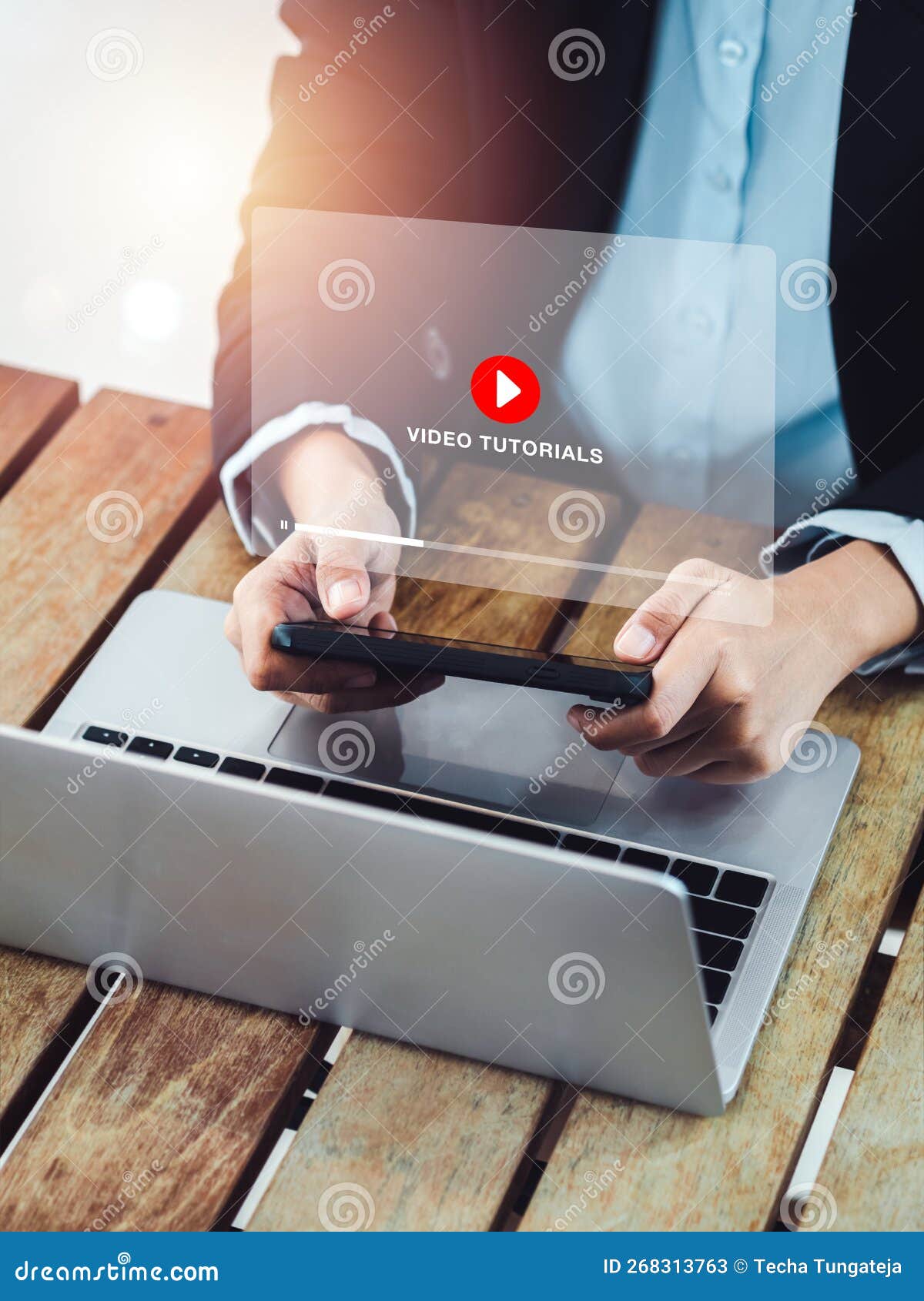 Online Video Tutorial Concept. Red Play Icon on Video Tutorial Virtual Screen Display on Mobile ...