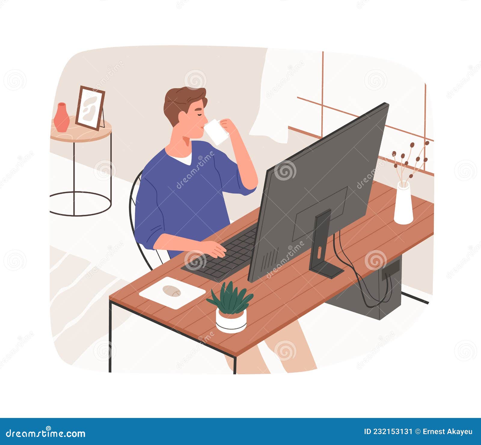 Online Work from Home Office. Man Working at Desk with Desktop Computer ...