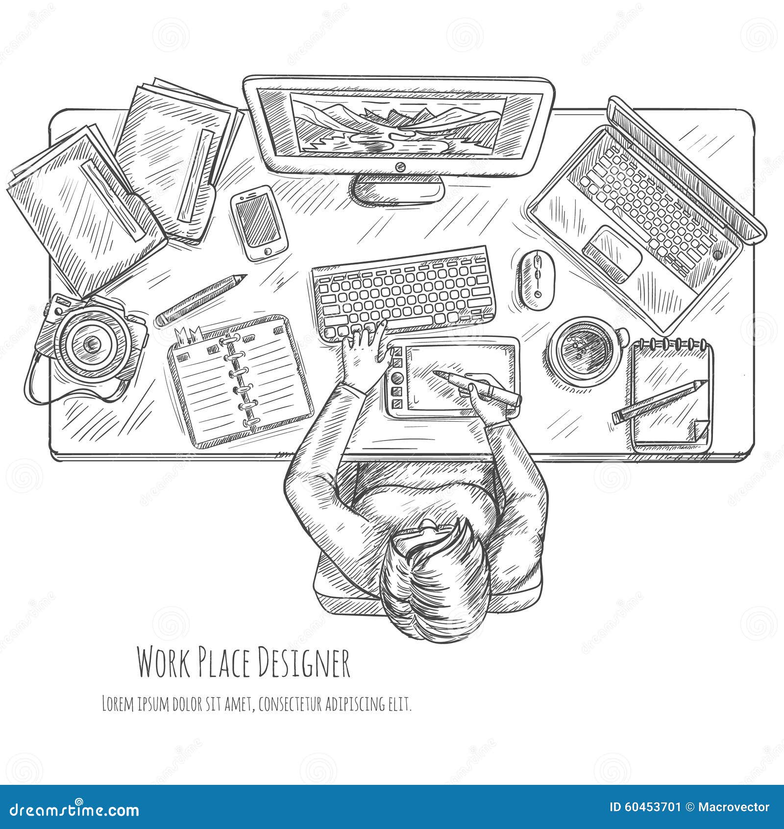 Ontwerper Workplace Sketch vector illustratie. Illustration of ...