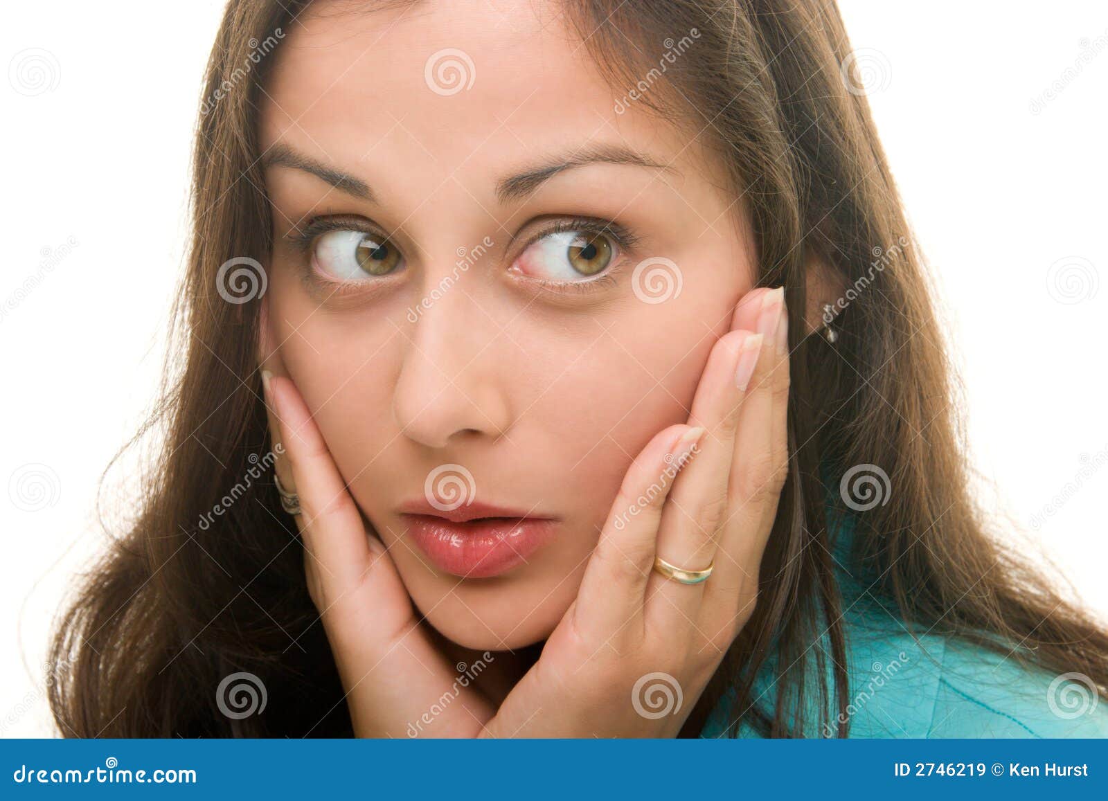 Surprise Embarrassment Shame Woman Stands In Hands With Phone Shy ...