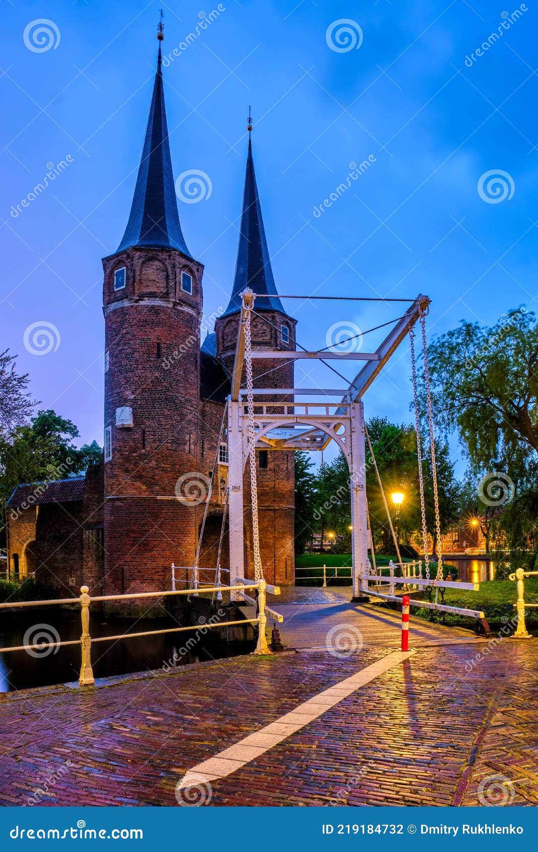 Oostport Eastern Gate of Delft at Night. Delft, Netherlands Stock Photo ...