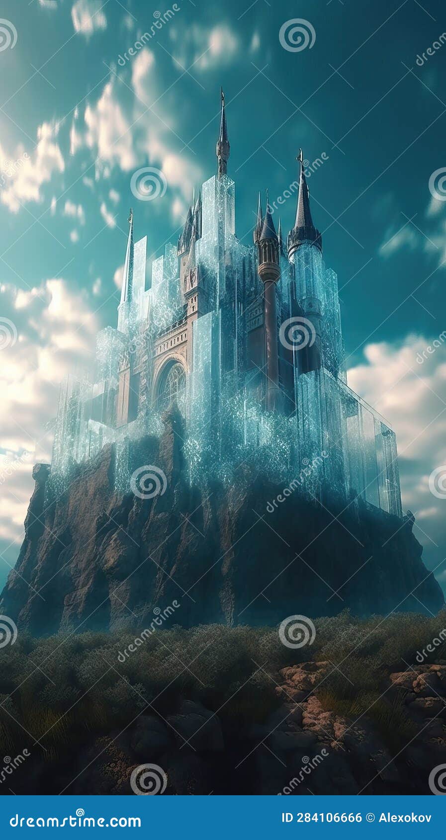 Opalescent Crystal Castle Floating on a Cloud. Stock Illustration ...