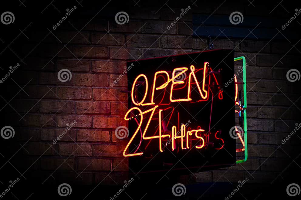 Open 24 hours stock photo. Image of nights, evening, neon - 14435520