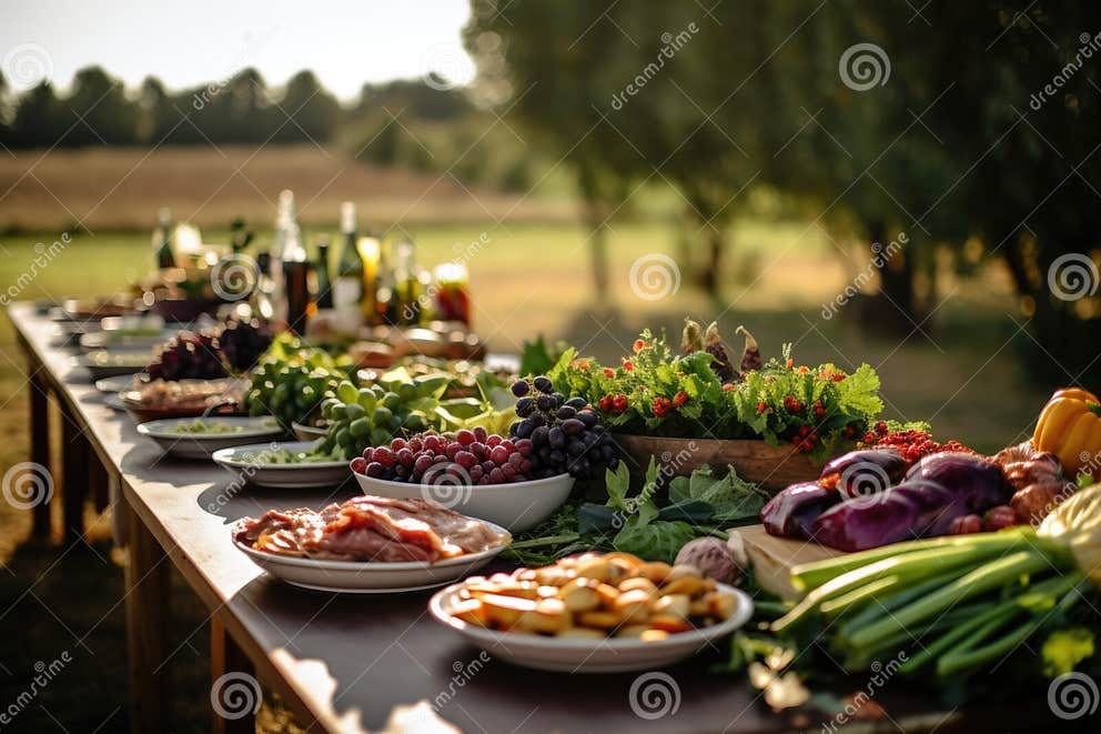 An Open-air Feast Spread on a Long Table Stock Illustration ...