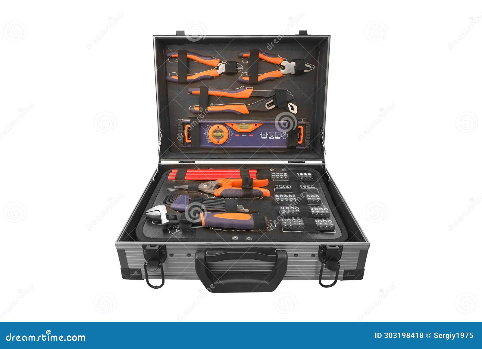 Open Aluminum Tool Box with Tools Isolated on White Background Stock ...