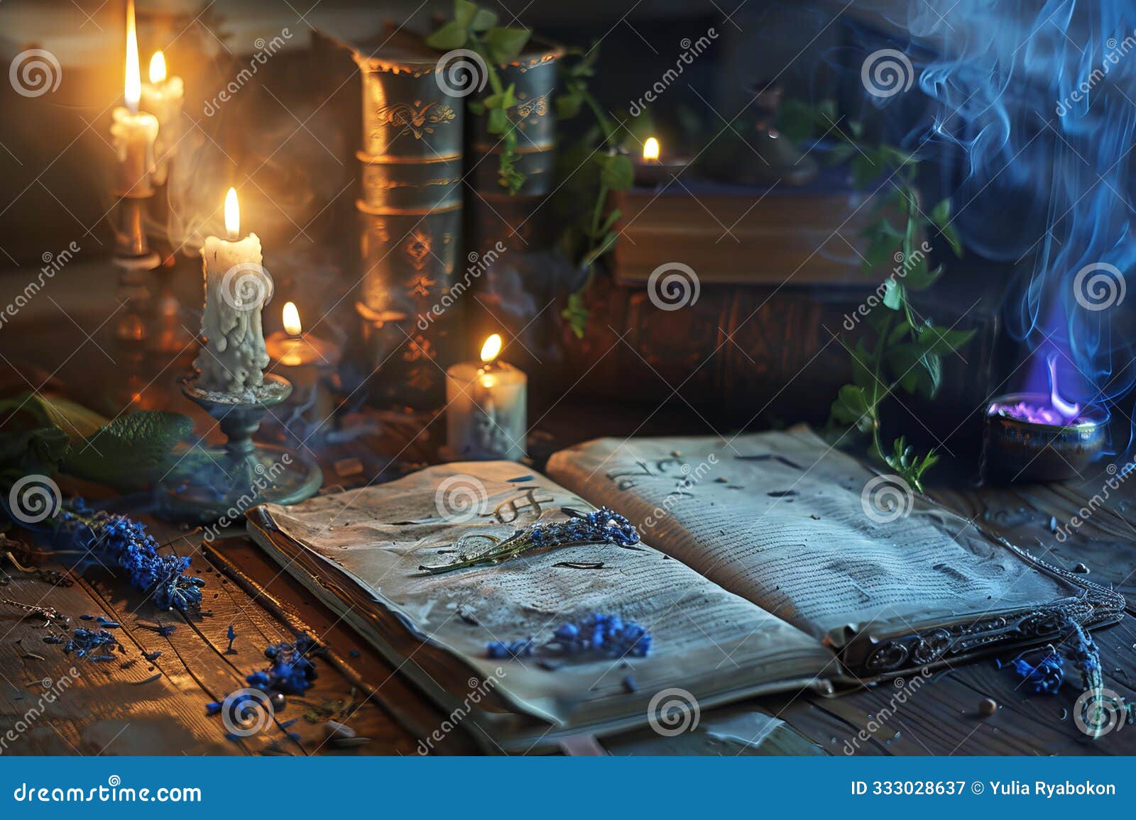 Open Ancient Book Casting a Magic Spell with Candles and Blue Smoke ...