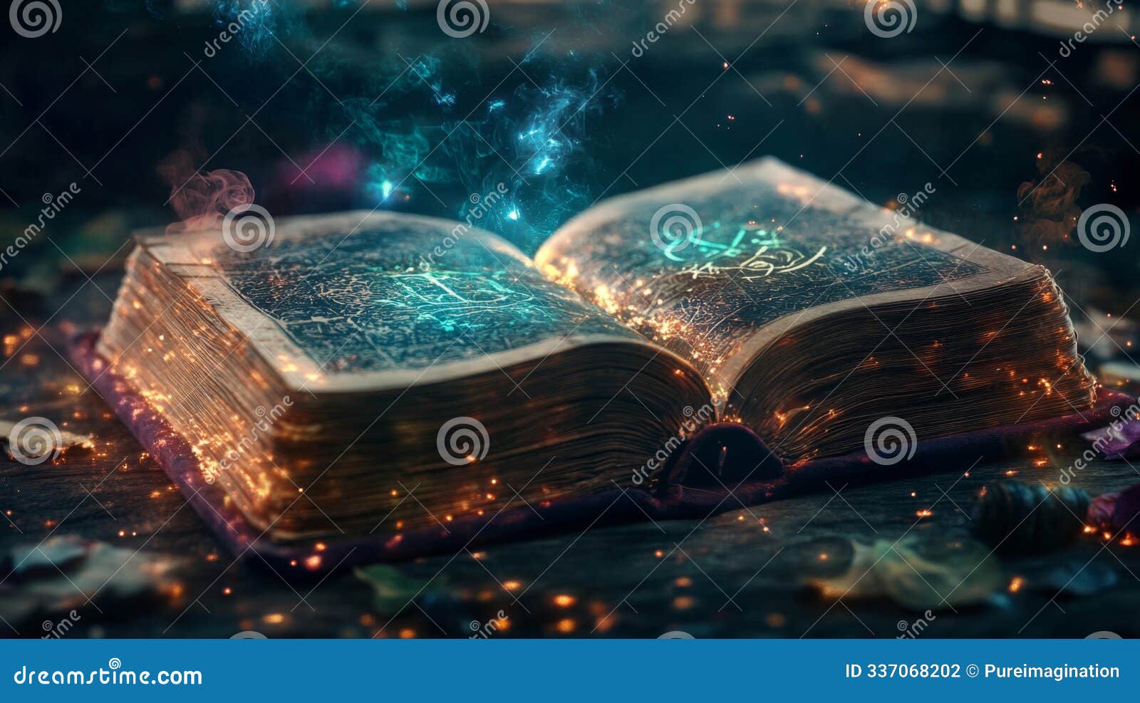 An Open Ancient Book with Glowing Pages and Magic Smoke Stock ...
