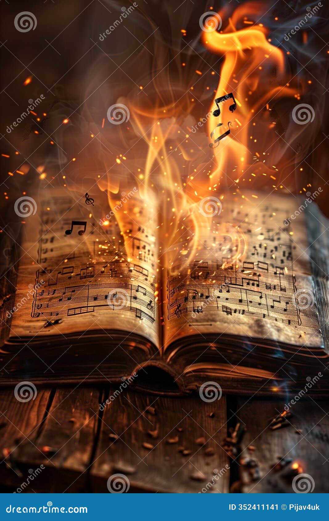 Open Antique Book Surrounded by Burning Musical Notes Representing ...