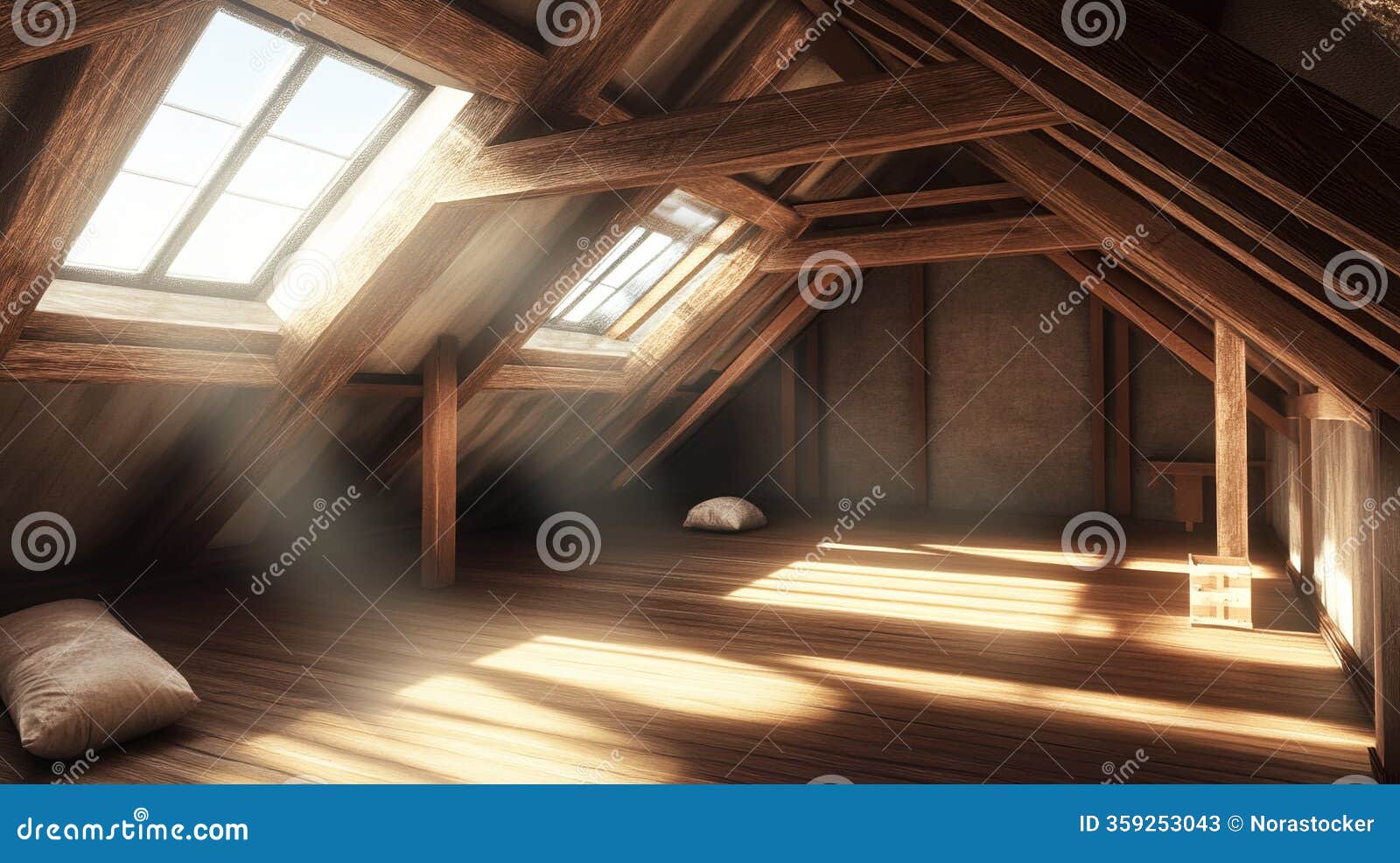 Open Attic Space with Skylights, Wooden Rafters, and Exposed Stock ...